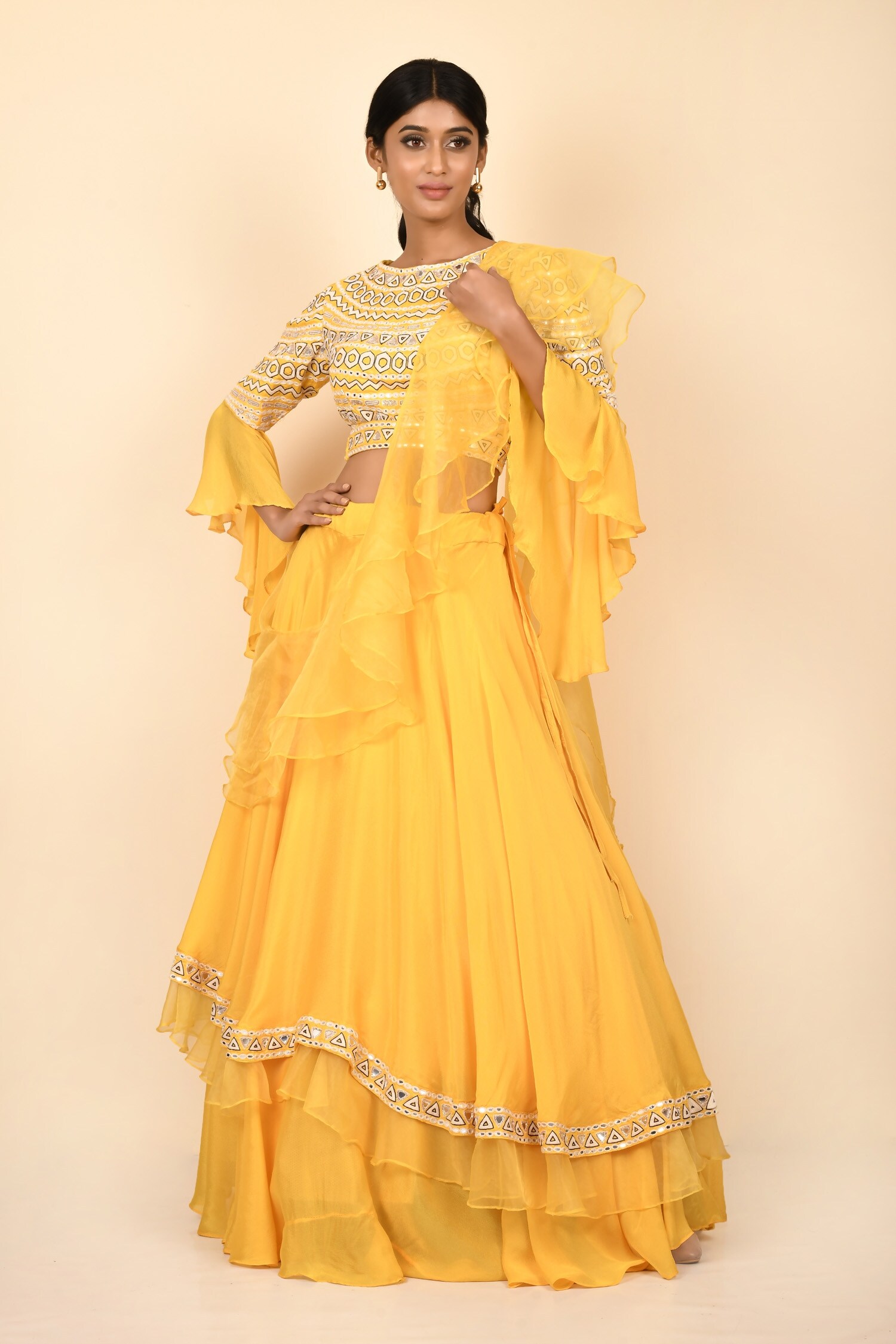 Buy Arihant Rai Sinha Yellow Dola Silk Ruffle Draped Lehenga And Choli ...