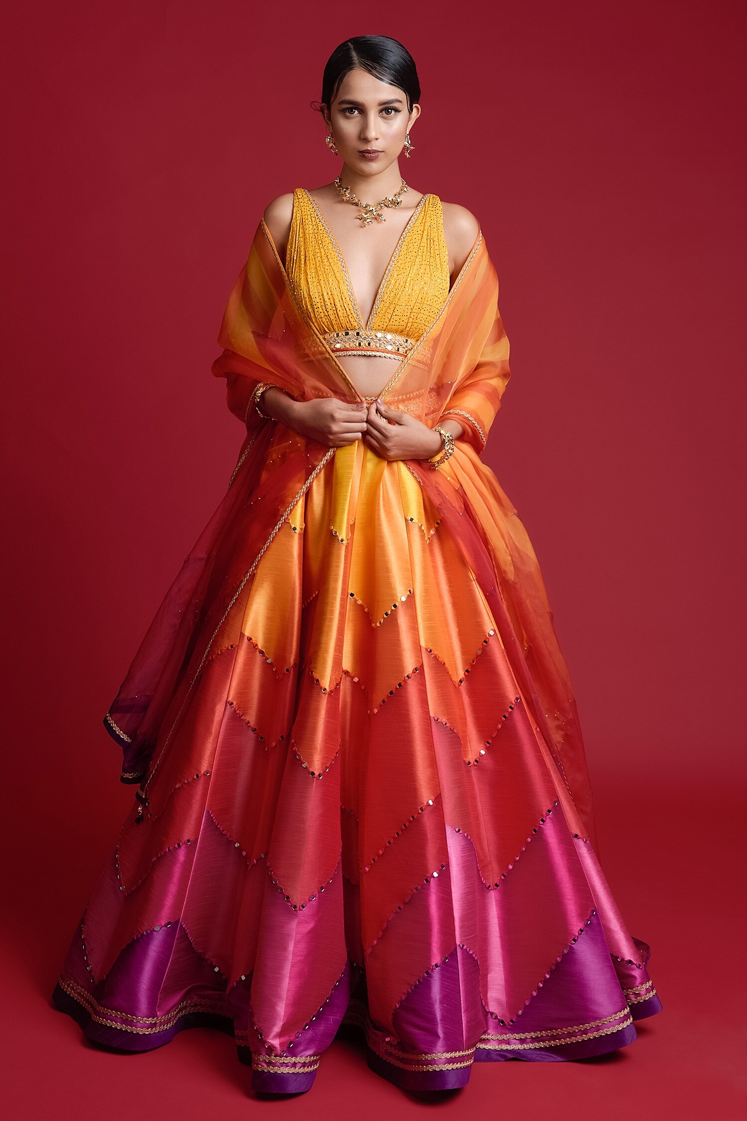Buy Cedar And Pine Multi Color Dupion Mirror Embroidered Lehenga Set