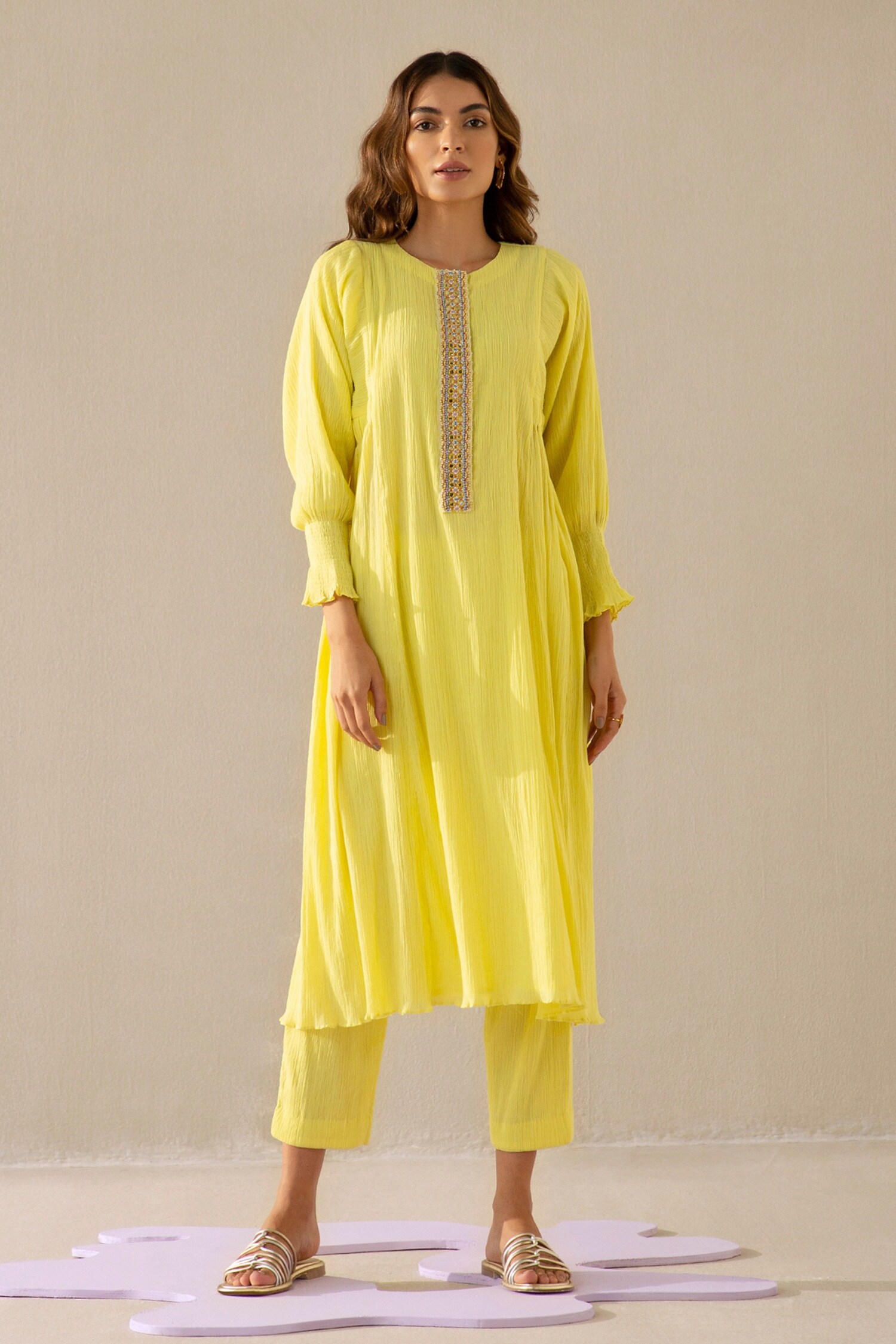 Buy Sureena Chowdhri Yellow Cotton Gauze Lemon Slush Textured Kurta And ...