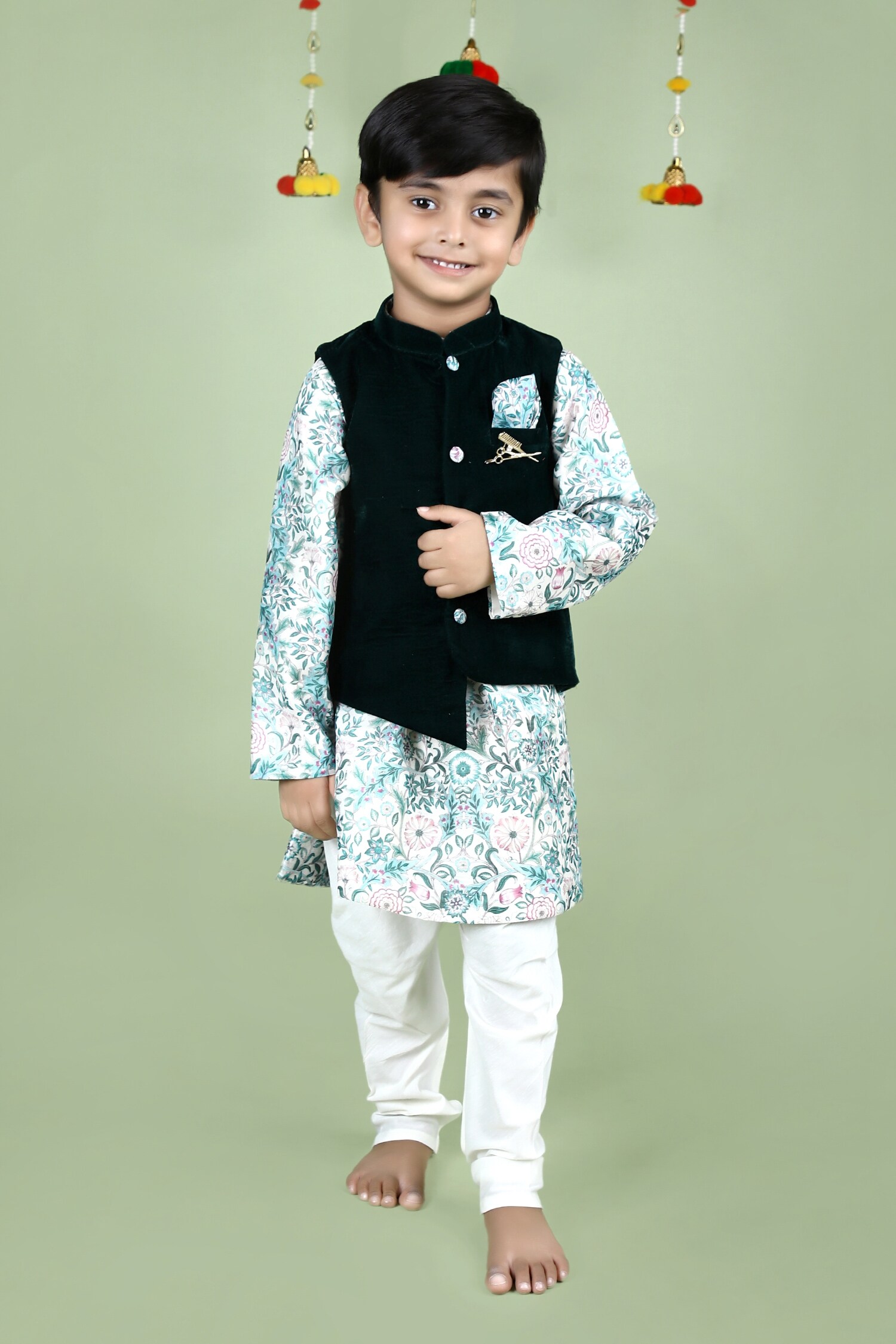 Buy Shining Kanika Green Velvet Bundi And Kurta Set For Boys Online ...