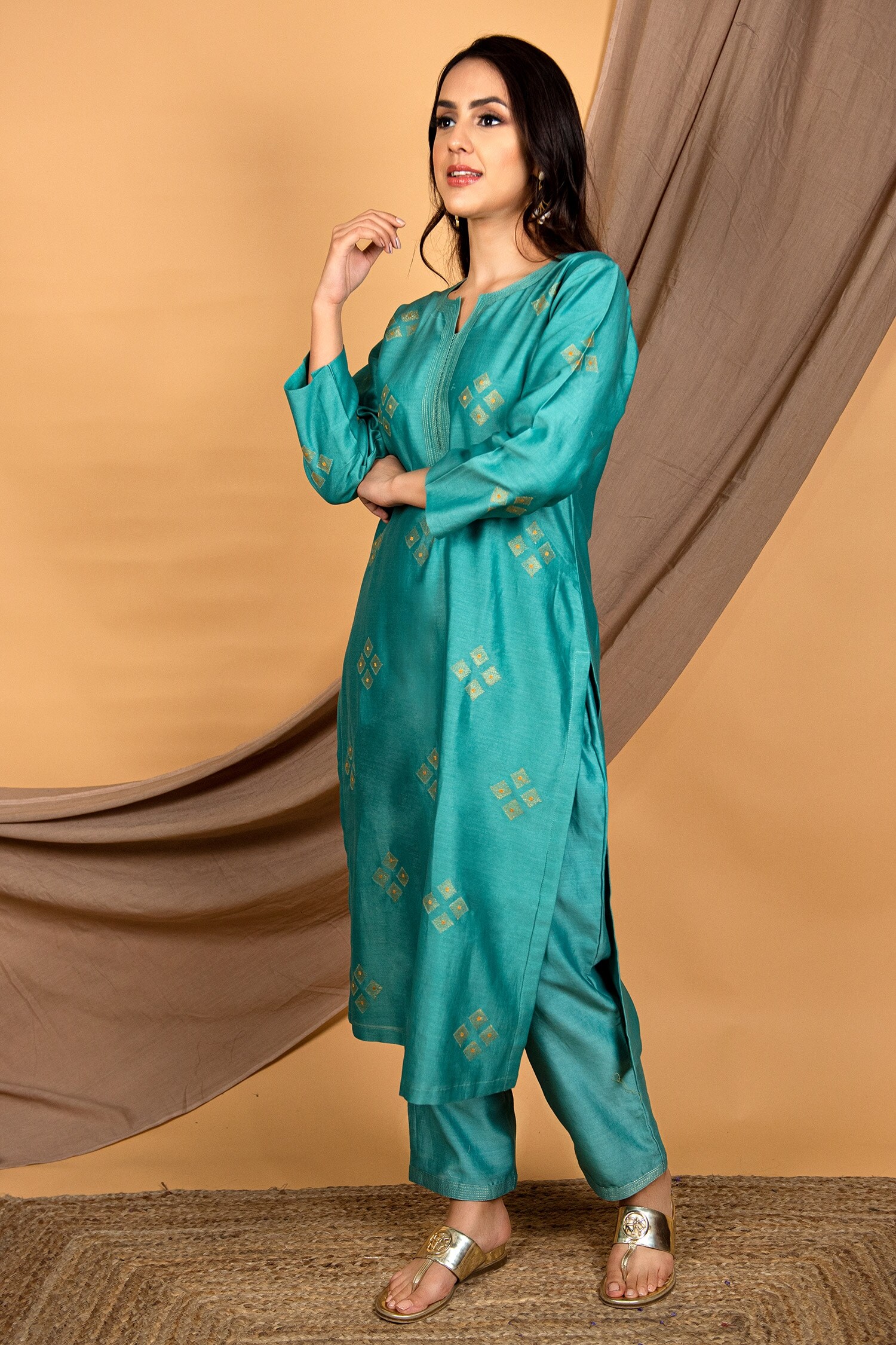 Buy Priya Chaudhary Blue Chanderi Silk Straight Pant Online | Aza Fashions