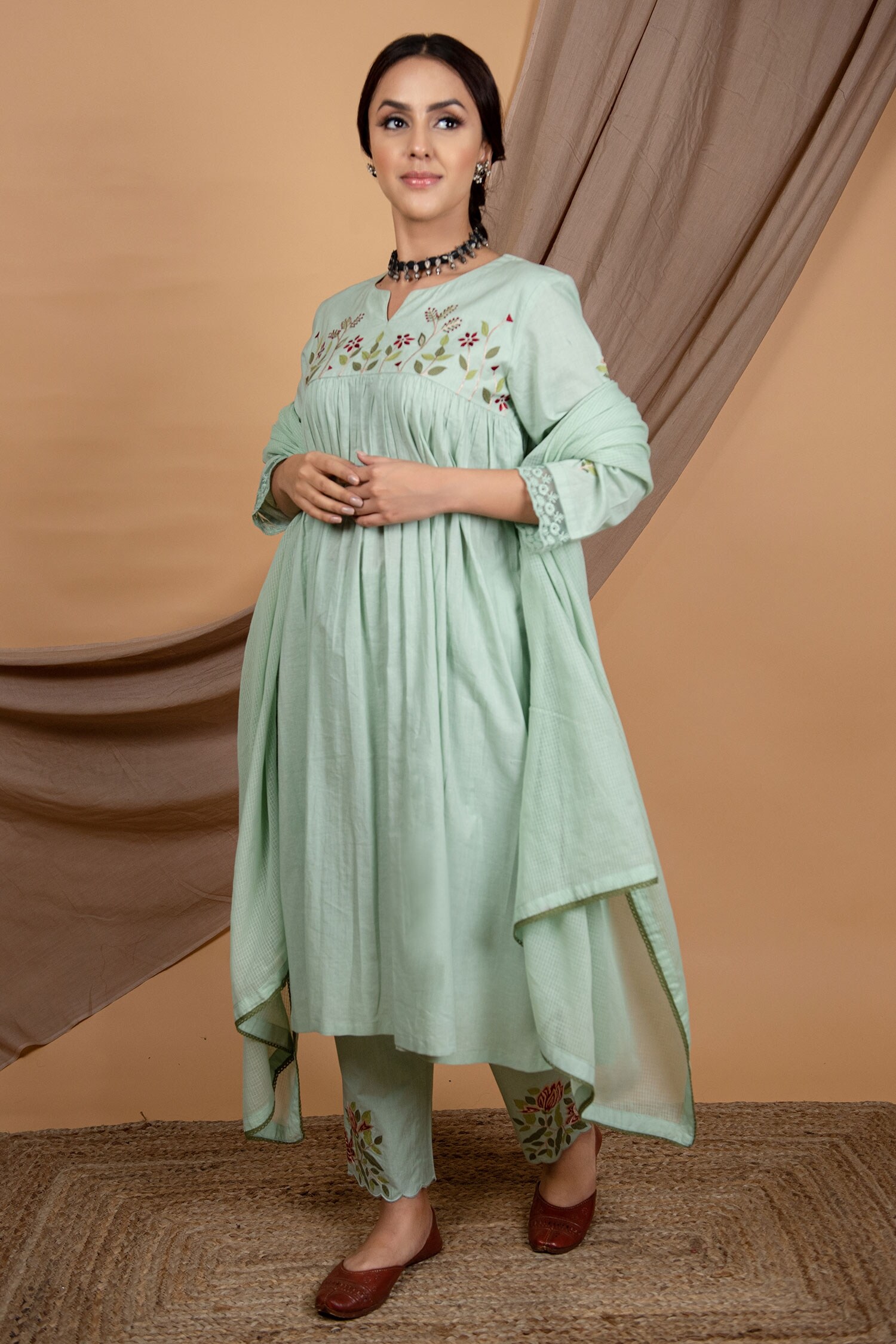 Buy Priya Chaudhary Green Poplin Embroidered Hem Pant Online | Aza Fashions