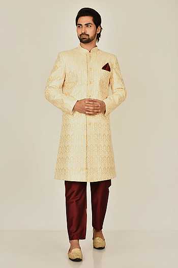 Buy Samyukta Singhania Beige Cotton Silk Floral Embroidered Sherwani ...