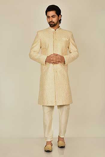 Buy Samyukta Singhania Beige Cotton Silk Geometric Embroidered Sherwani ...