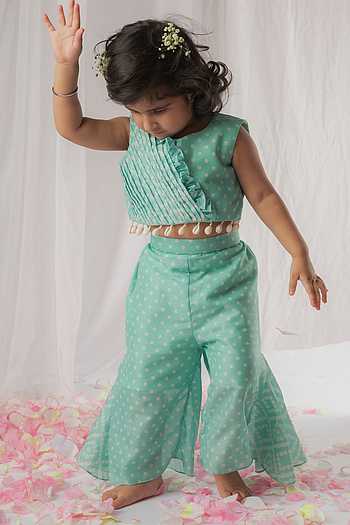 Buy Lil Angels Green Bandhej Print Crop Top And Palazzo Set For Girls ...
