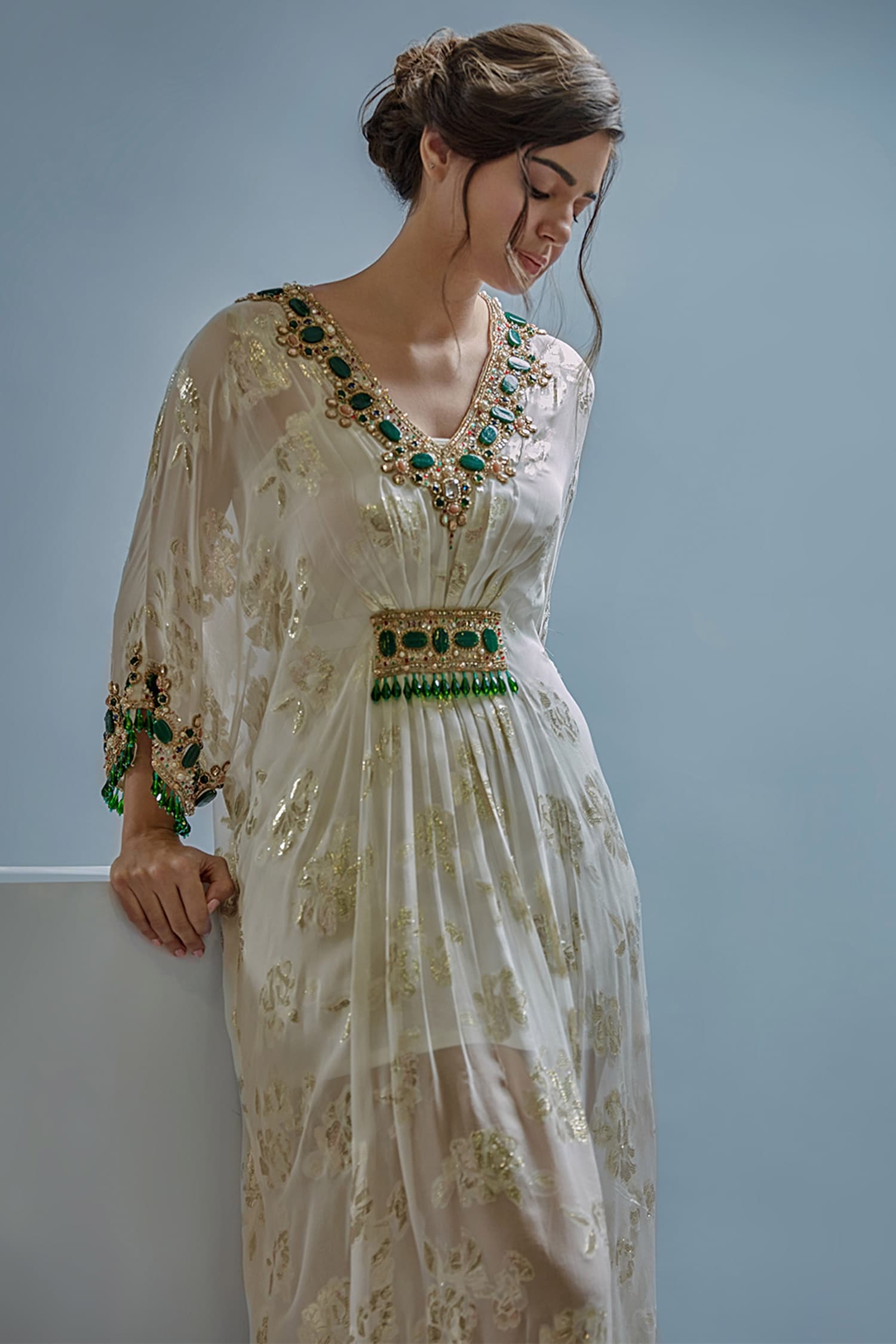 Buy Cherie D White Lamhe Baroque Floral Embroidered Kaftan Online | Aza ...