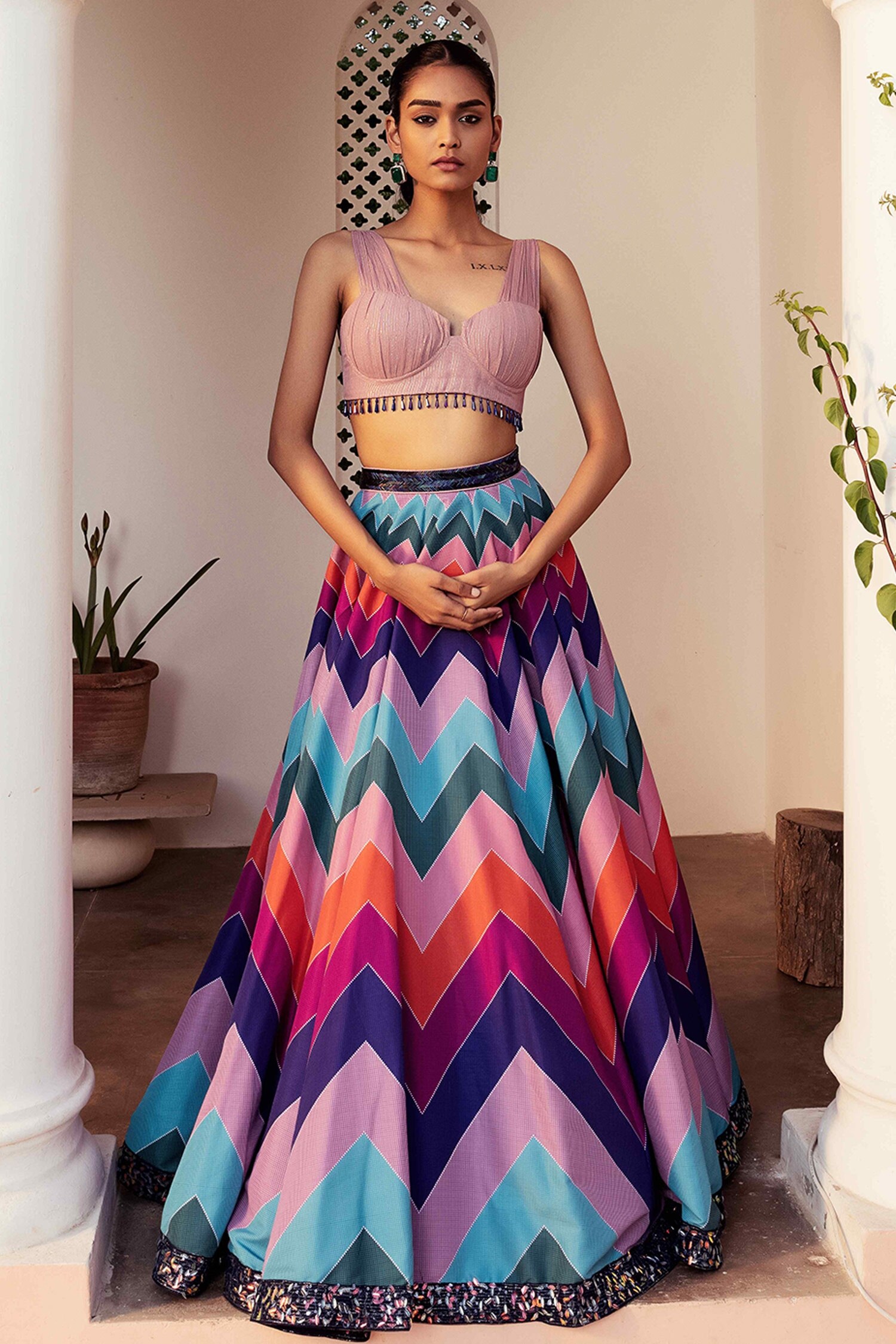 Buy Seeaash Multi Color Silk Chevron Print Lehenga Set Online | Aza ...
