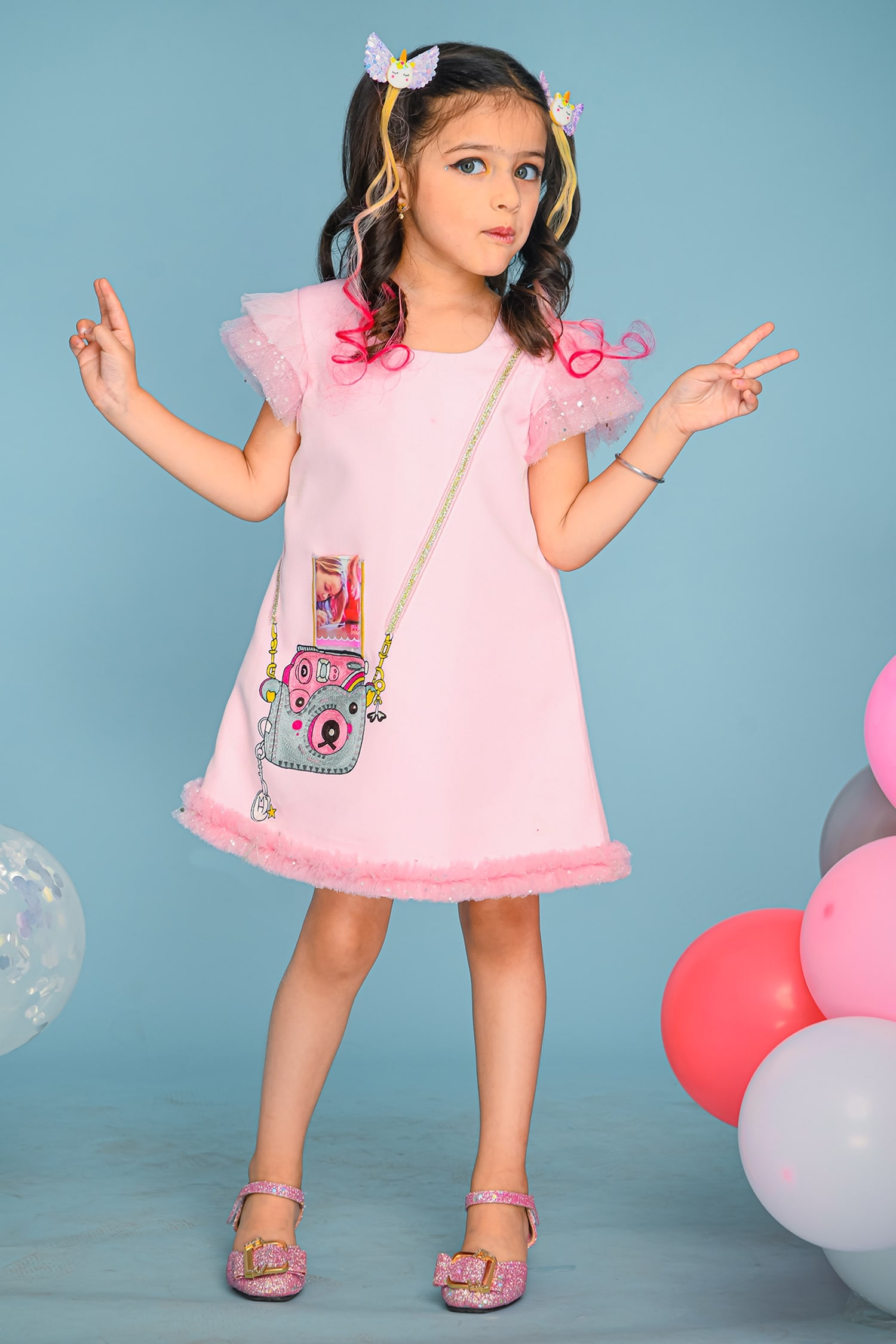 Buy Hoity Moppet Pink Camera Embroidered Dress For Girls Online | Aza ...