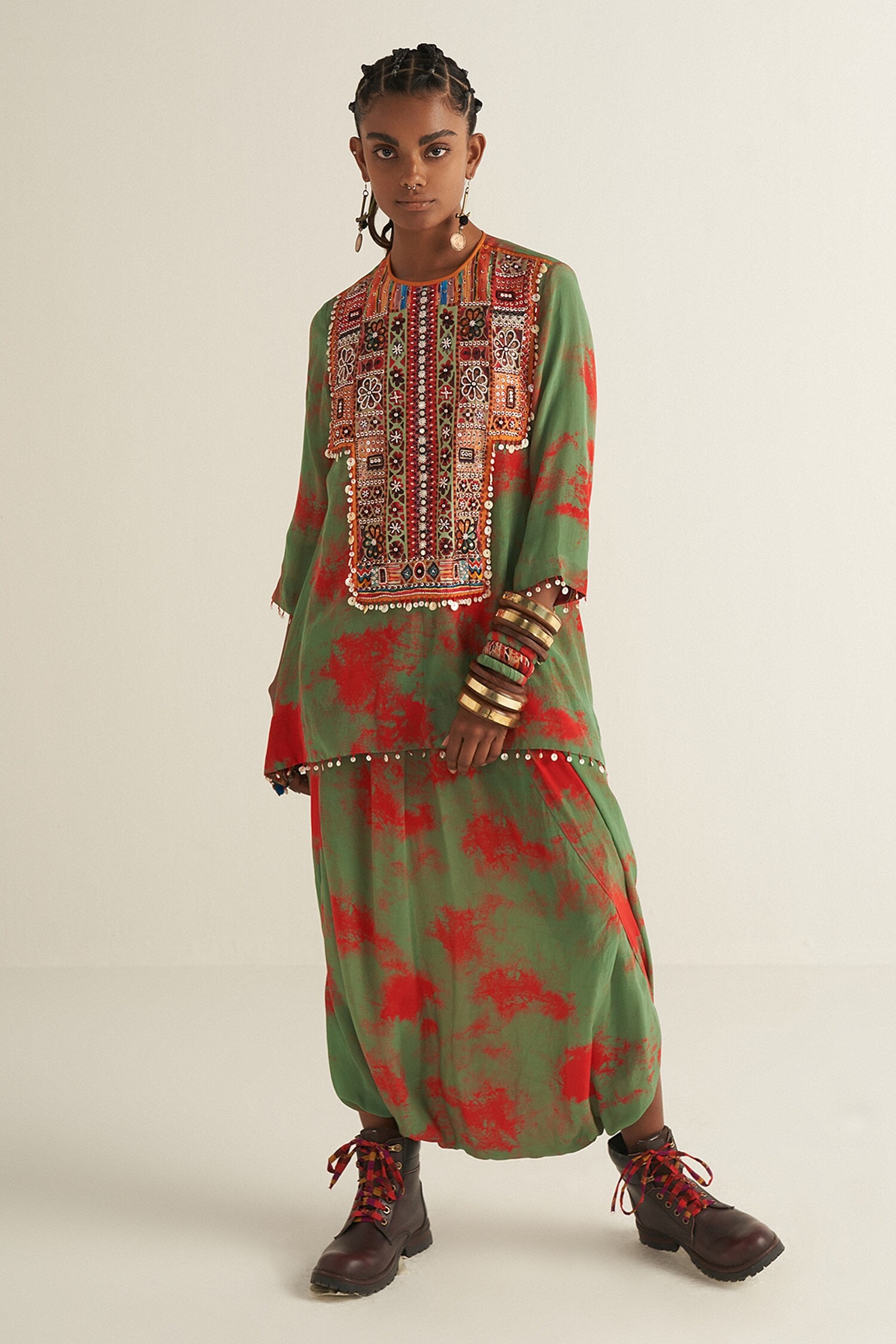 Buy Aseem Kapoor Green Natural Crepe Mitra Tie Dye Kurta And Draped ...