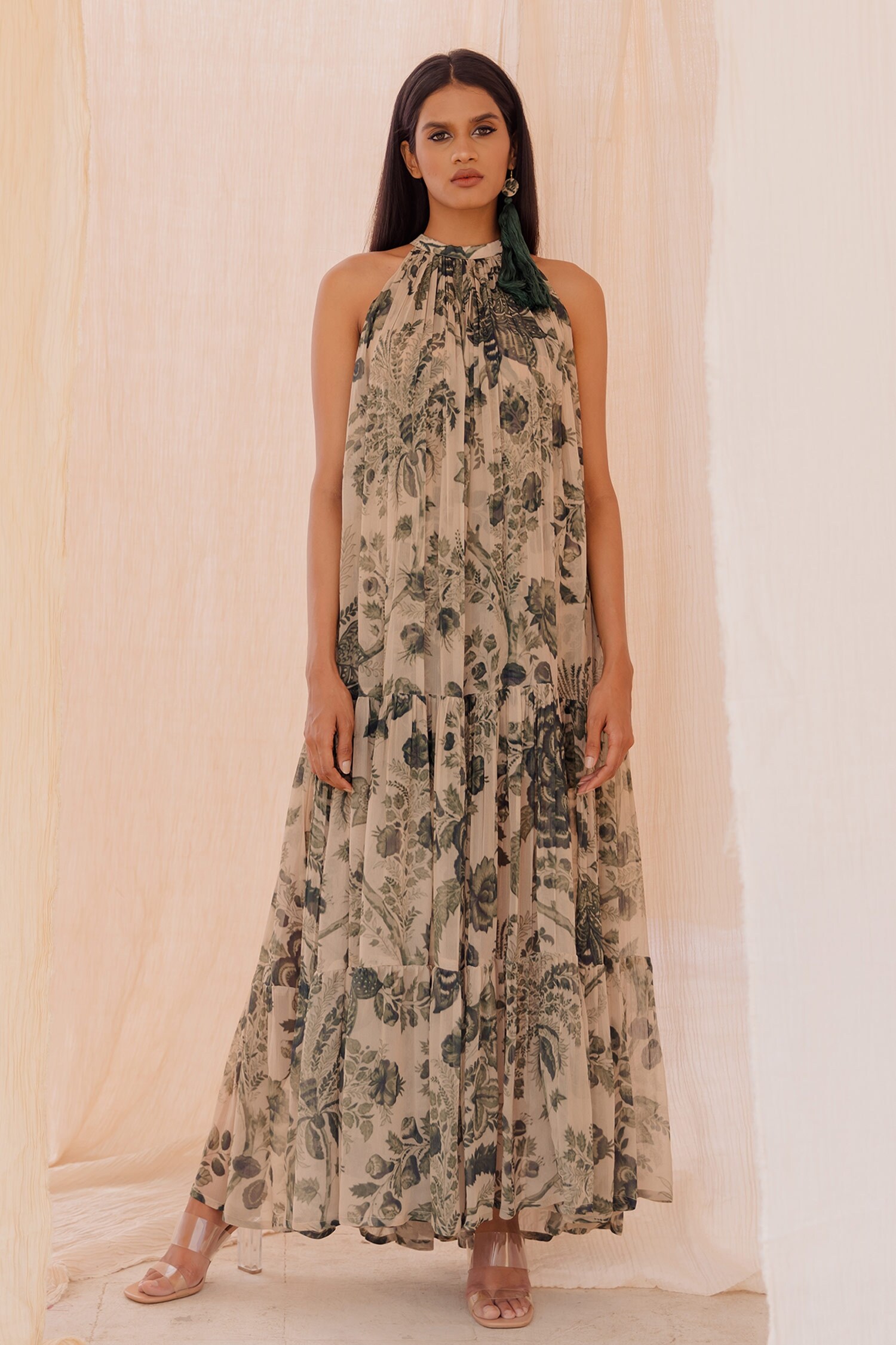 Buy Pooja-Keyur Green Chiffon Floral Print Maxi Dress Online | Aza Fashions