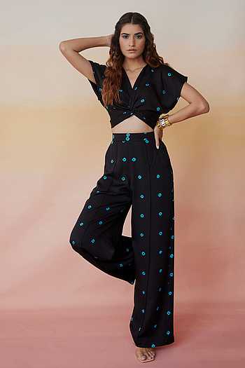 Buy Aapro Black Modal Ubud Crop Top And Pant Set Online | Aza Fashions