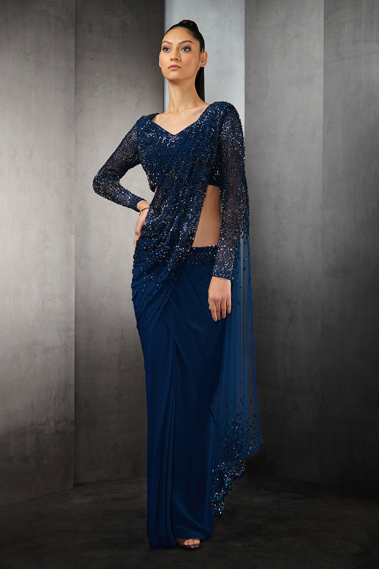 Buy Rohit Gandhi + Rahul Khanna Blue Georgette Hand Embellished Pre ...