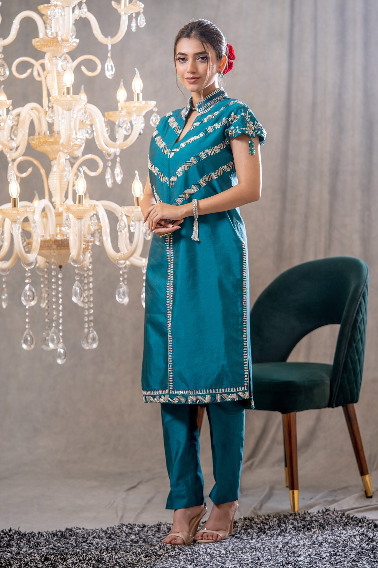 Buy Tamaraa By Tahani Green Organza Esha Embroidered Kurta And Pant Set ...