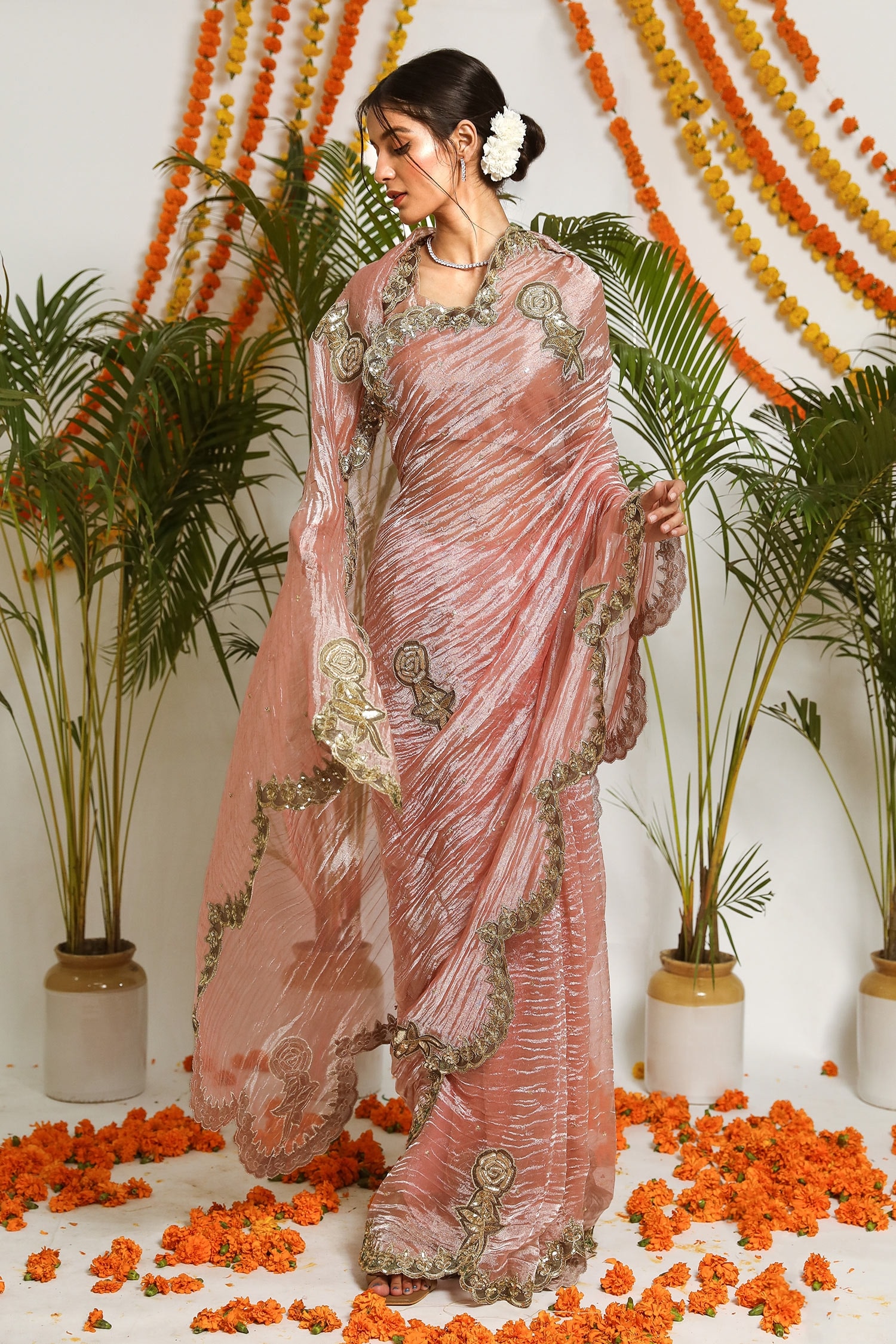Buy Ruar India Pink Gulab Silk Tissue Embroidered Saree Set Online ...