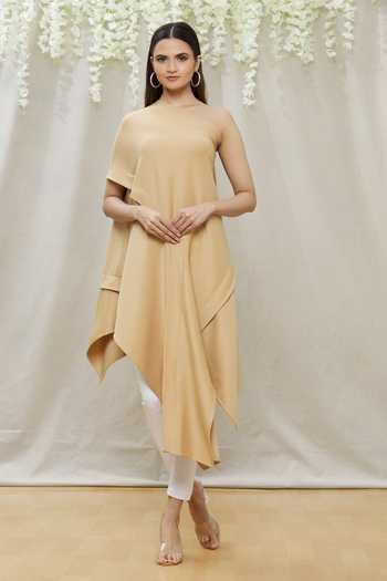 Buy Megha Garg Beige Scuba One Shoulder Draped Tunic Online | Aza Fashions