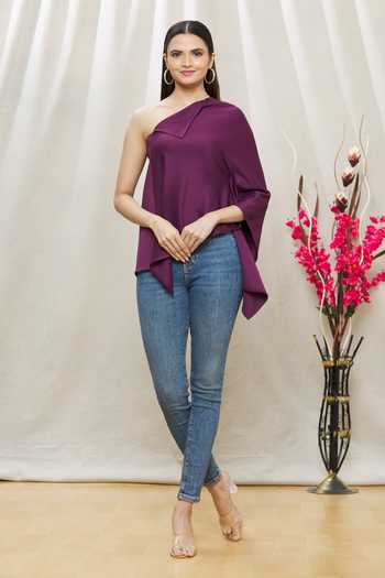Buy Megha Garg Purple Scuba One Shoulder Draped Top Online | Aza Fashions