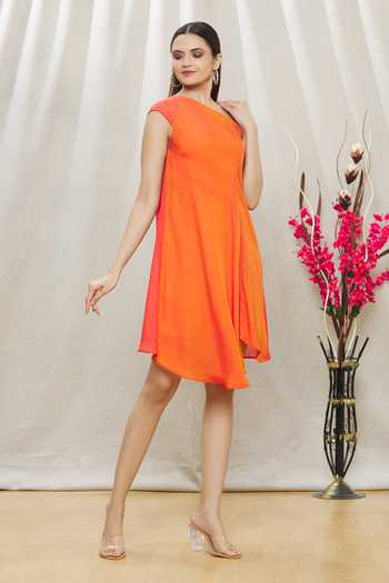 Buy Megha Garg Orange Satin One Shoulder Draped Dress Online | Aza Fashions