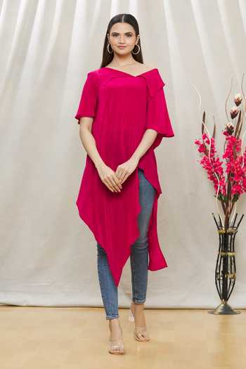Buy Megha Garg Pink Crepe Asymmetric Draped Tunic Online | Aza Fashions