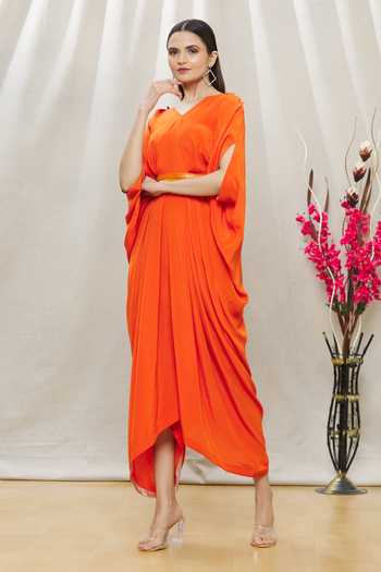 Buy Megha Garg Orange Crepe Draped Jumpsuit Online | Aza Fashions