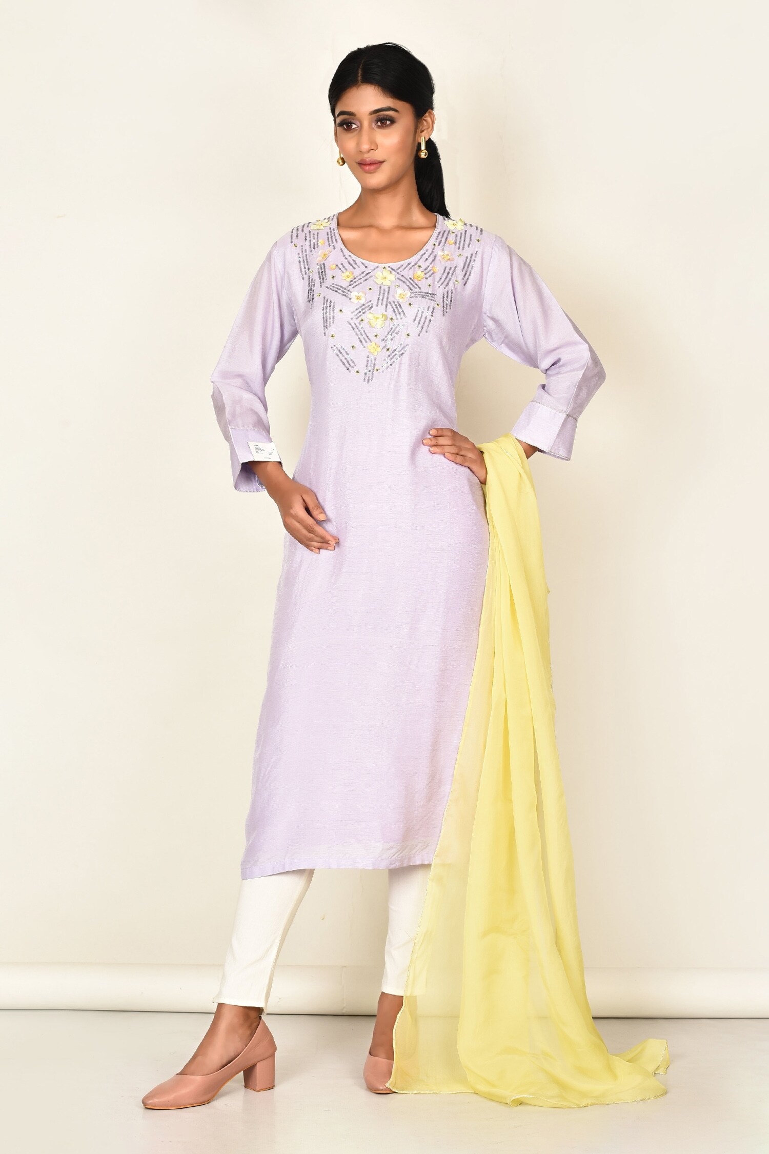 Buy Naintara Bajaj Purple Russian Silk Sequin Embroidered Kurta With ...