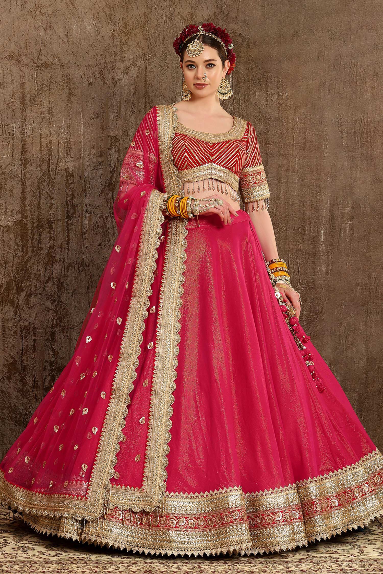 Buy Shikhar Sharma Red Shimmer Chanderi Lehenga Set Online | Aza Fashions
