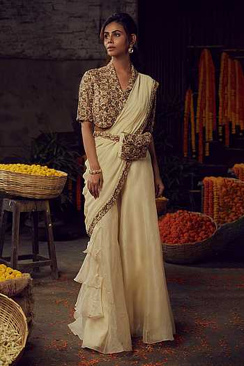 Buy Nehha Nhata White Organza Pre-draped Sharara Saree With Embroidered ...