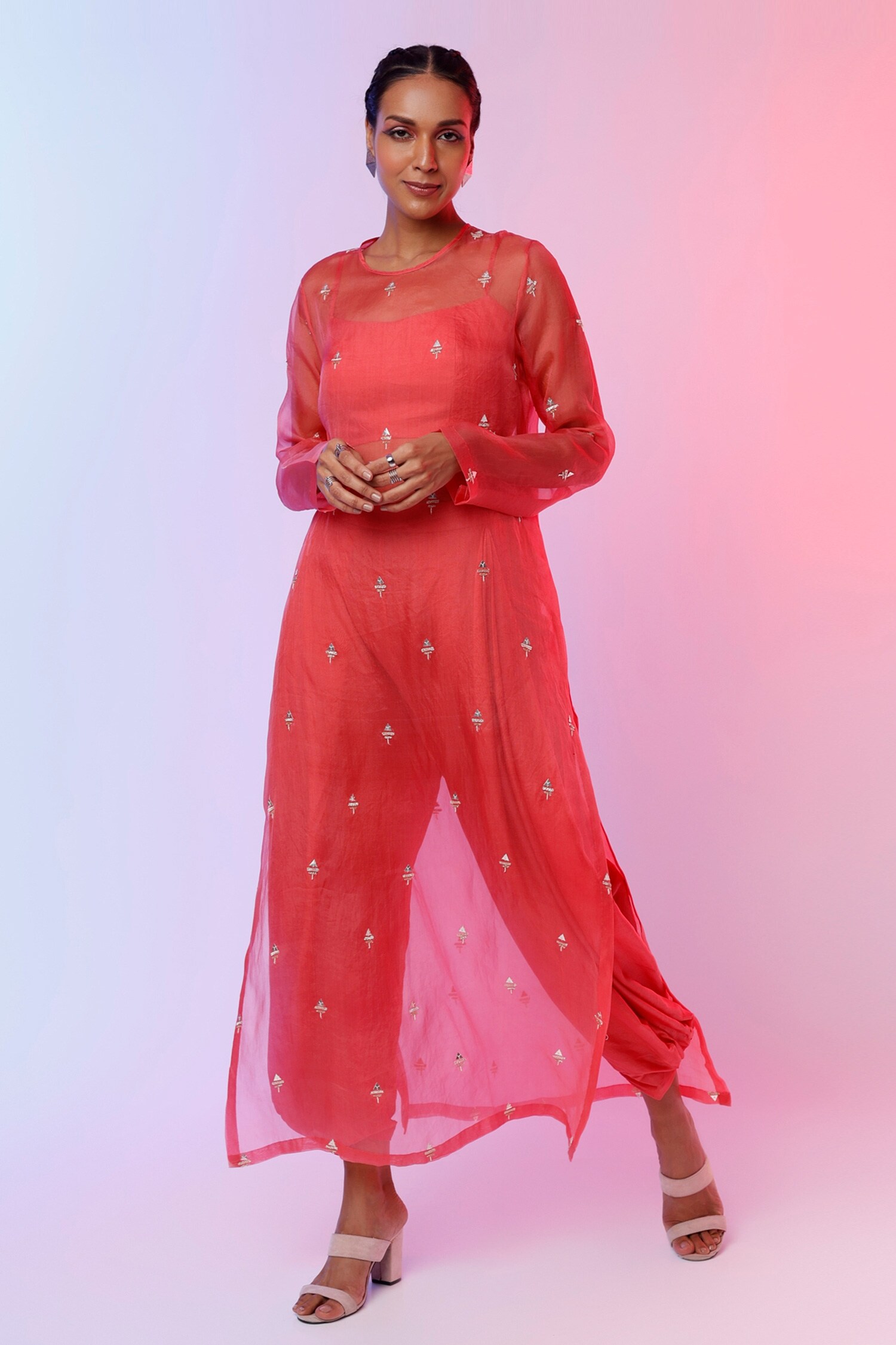 Buy SVA by Sonam & Paras Modi Orange Embroidered Organza Kurta Pant Set ...