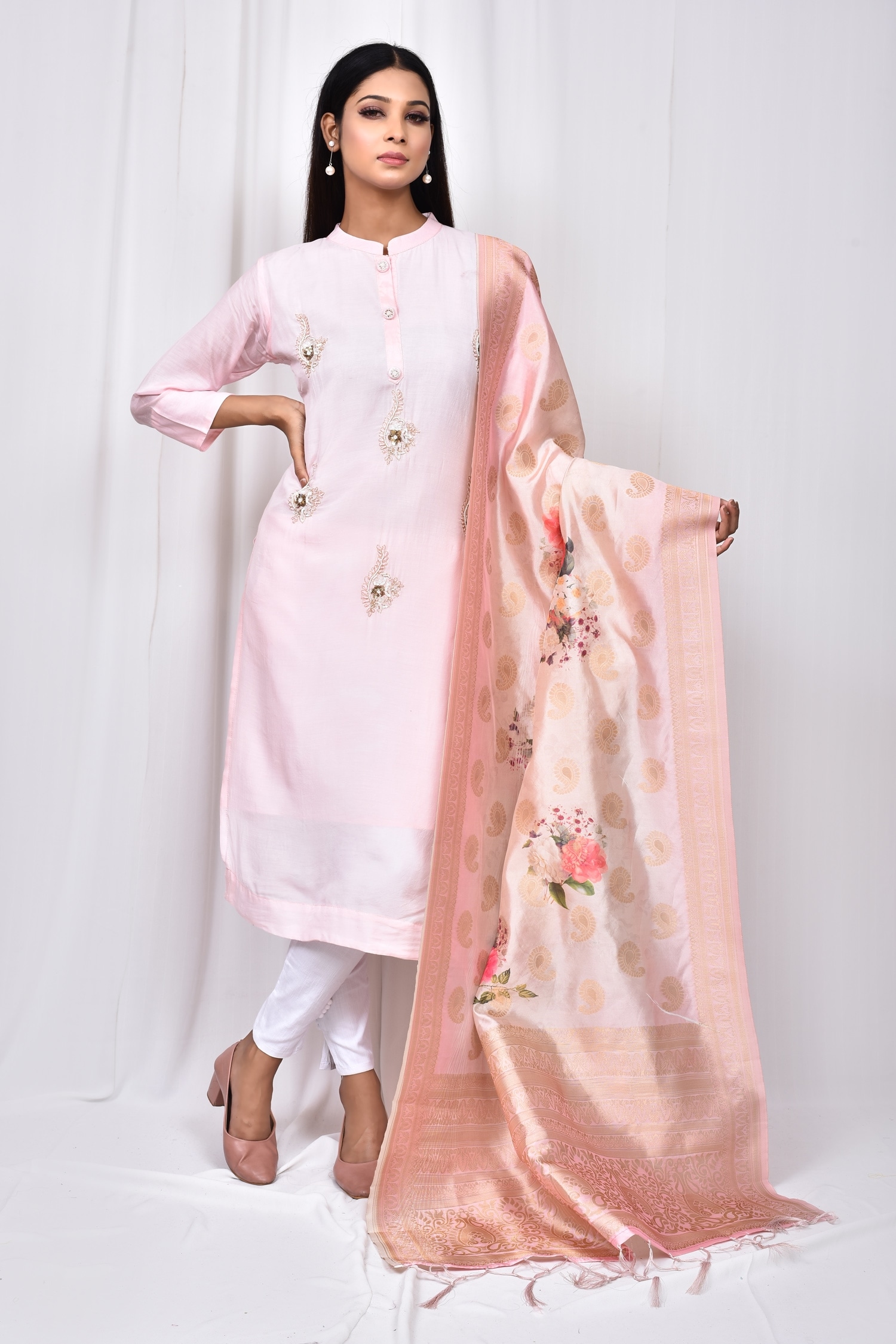 Buy Naintara Bajaj Pink Cotton Silk Floral Embroidered Kurta Set Online ...