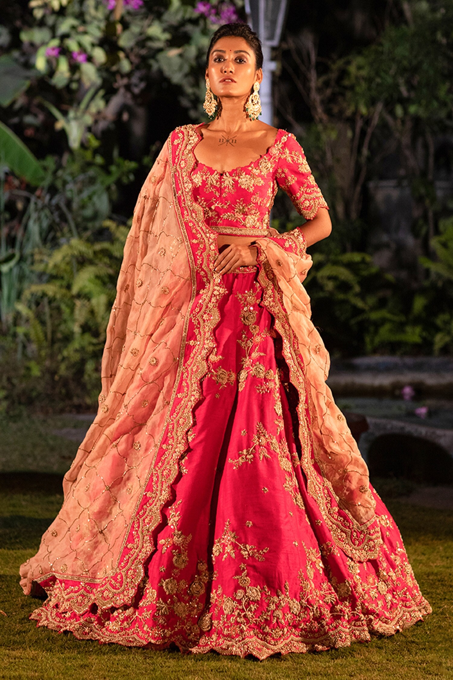 Buy Pallavi Poddar Pink Raw Silk Floral Embroidered Lehenga Set Online ...