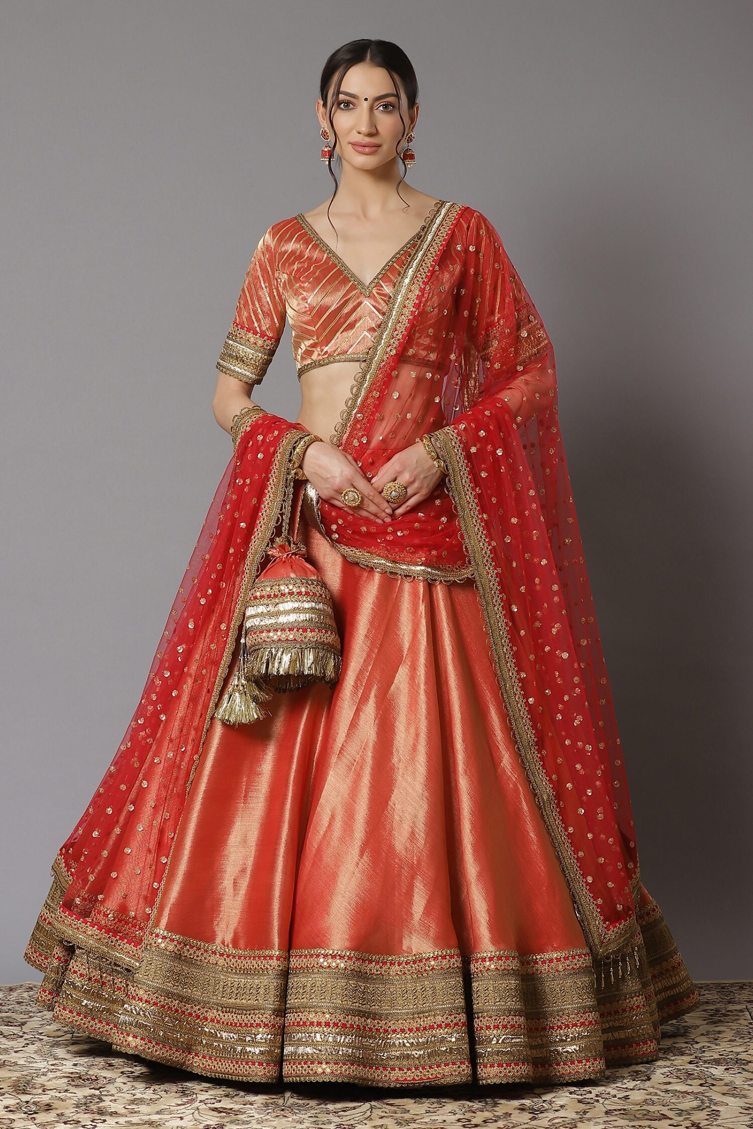 Buy Shikhar Sharma Red Metallic Chanderi Lehenga Set Online | Aza Fashions