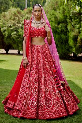 Buy Shyam Narayan Prasad Red Silk Brocade Lehenga Set Online | Aza Fashions