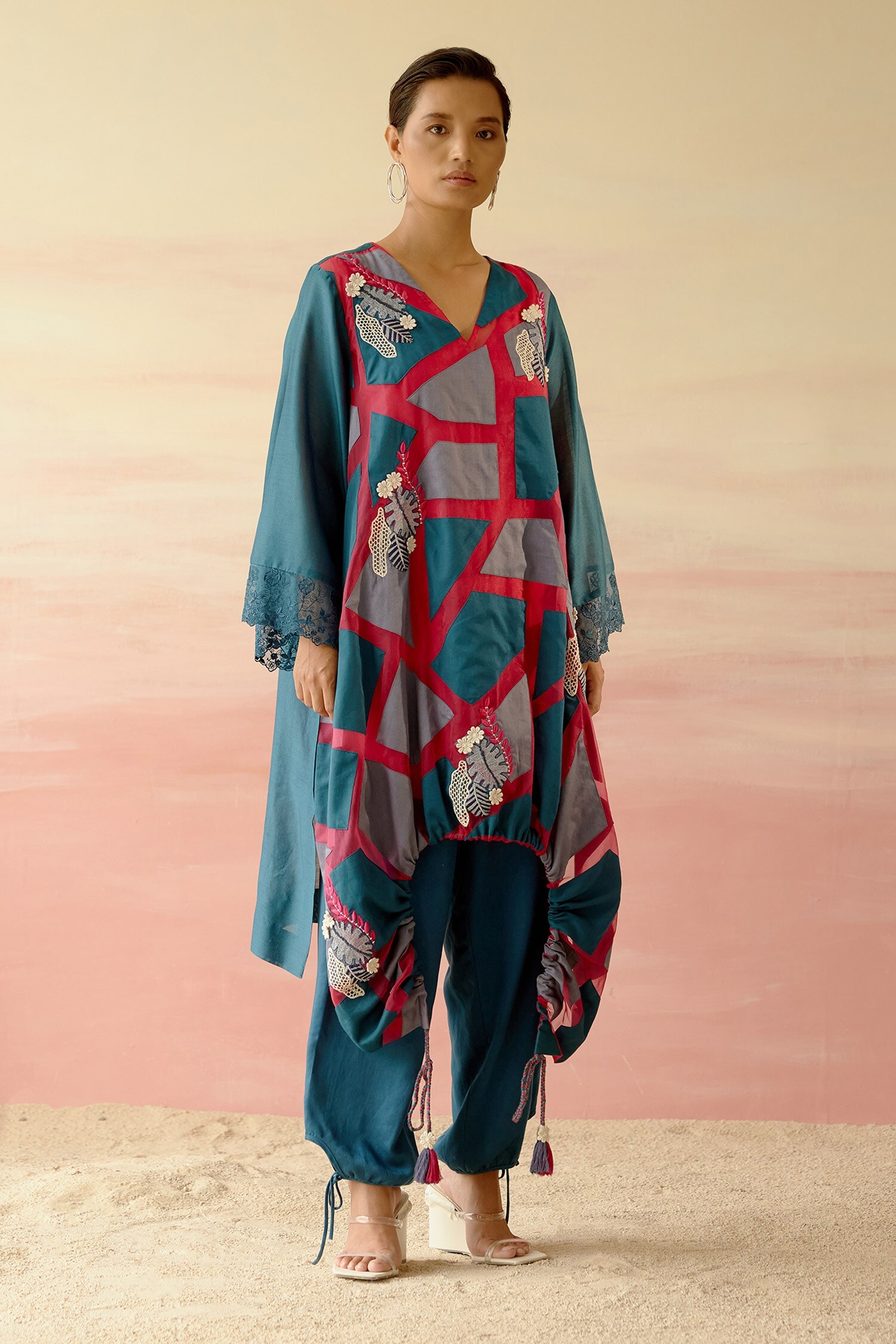 Buy Shweta Aggarwal Blue Cotton Satin Color Block Kaftan And Pant Set ...