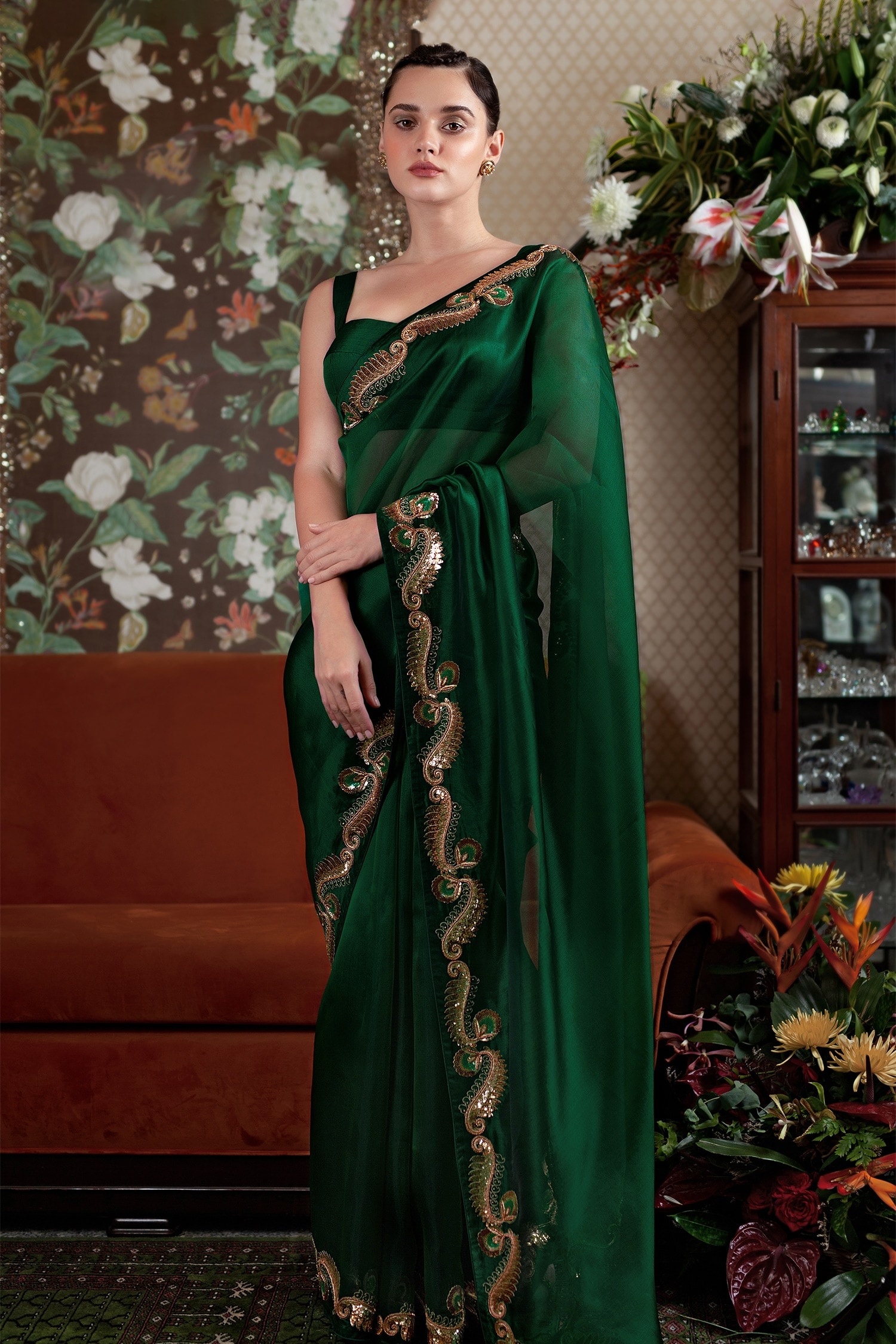 Buy Shimai Jayachandra Green Silk Organza Jaipur Floral Embroidered ...