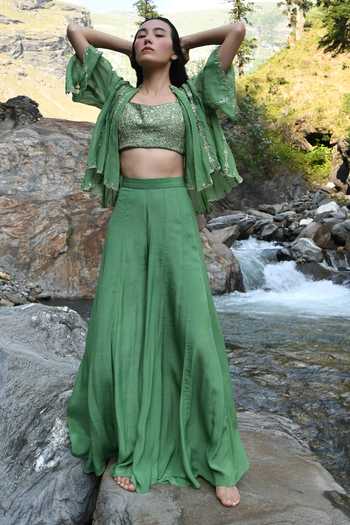 Buy Paulmi and Harsh Green Embroidered Jacket And Palazzo Set Online ...