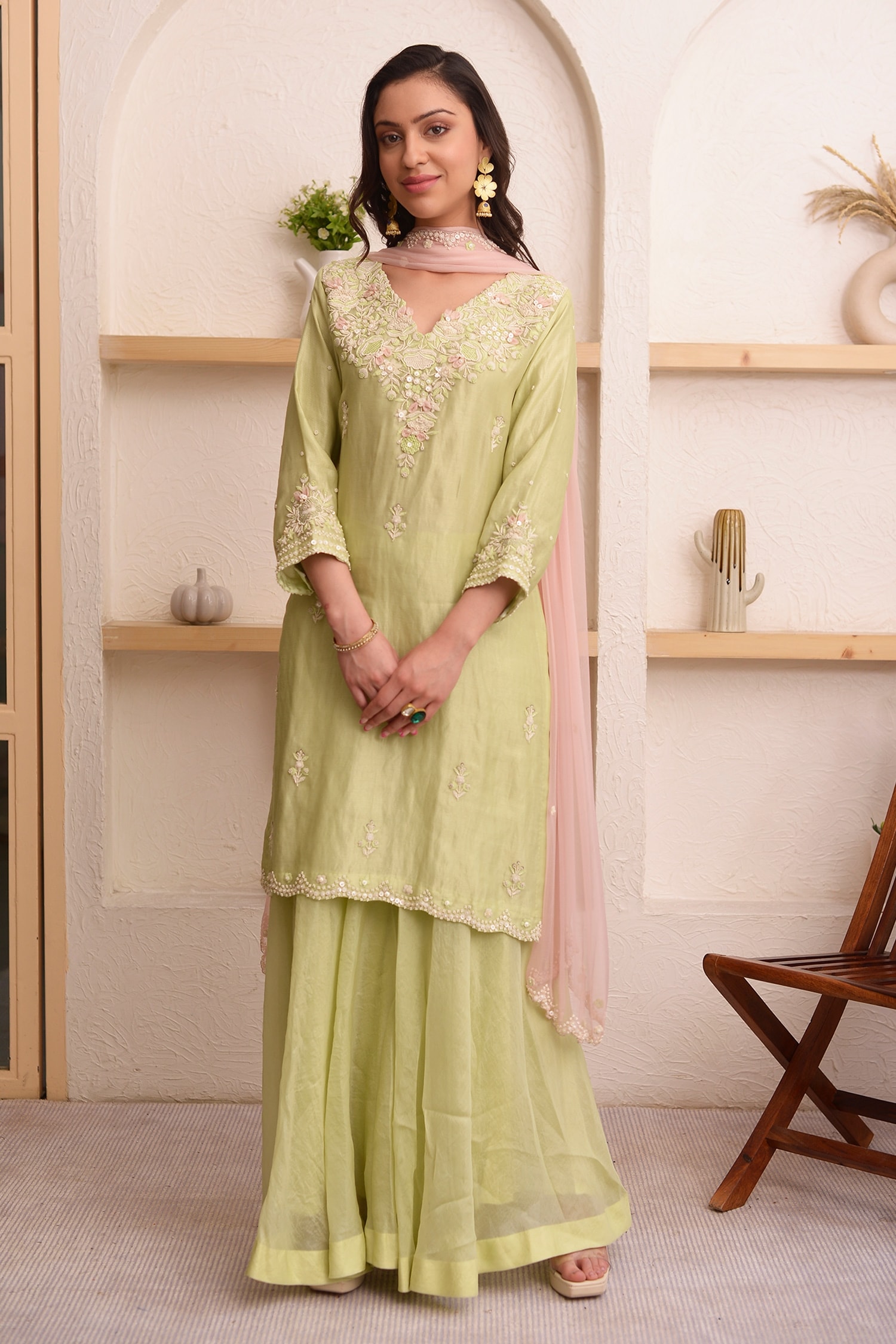 Buy Surabhi Arya Green Tissue Embroidered Kurta Sharara Set Online ...