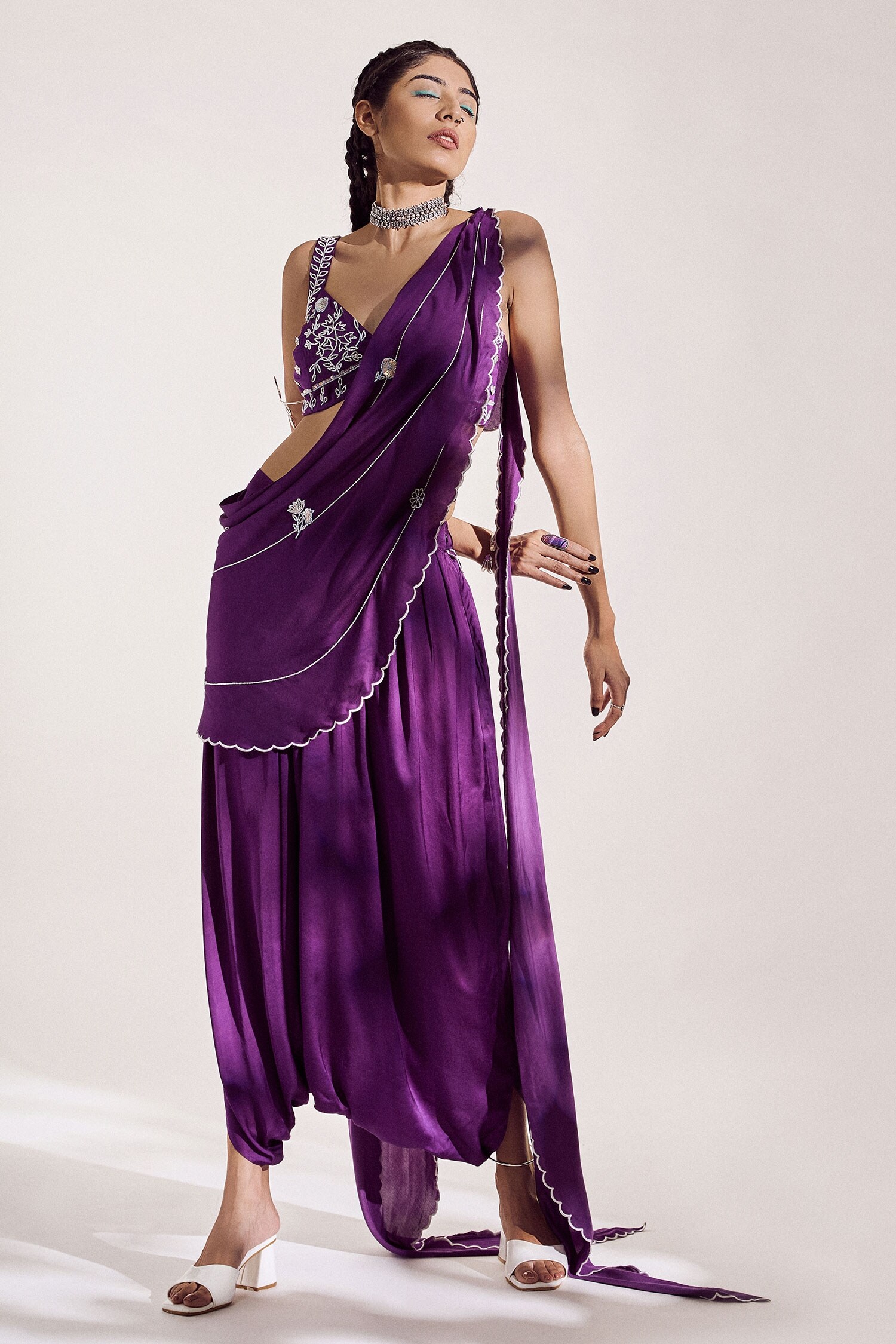 Buy Amka India Purple Satin Silk Poochki Pre-draped Dhoti Saree Set ...