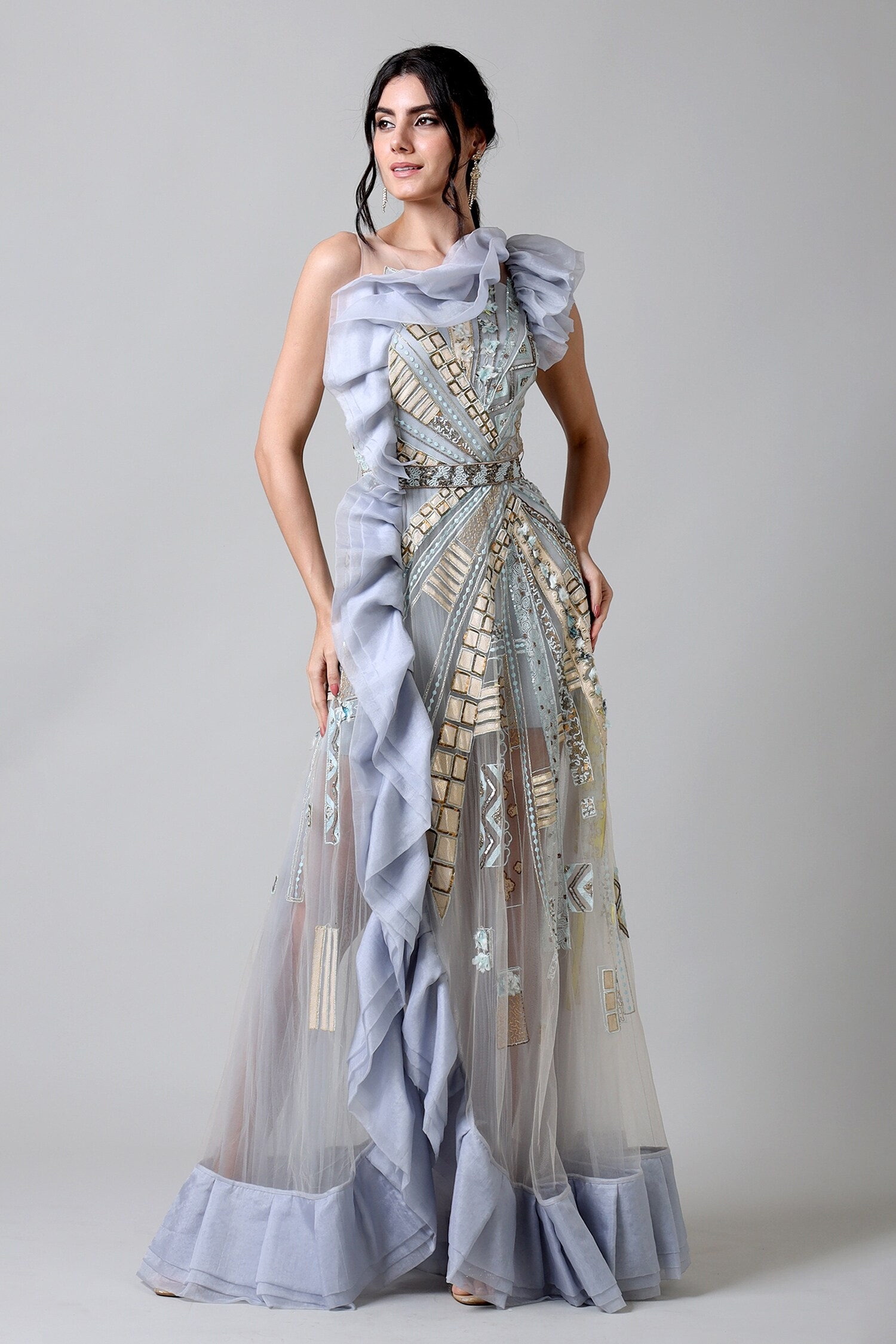 Buy Geisha Designs Grey Nylon Melody Embroidered Gown Online | Aza Fashions