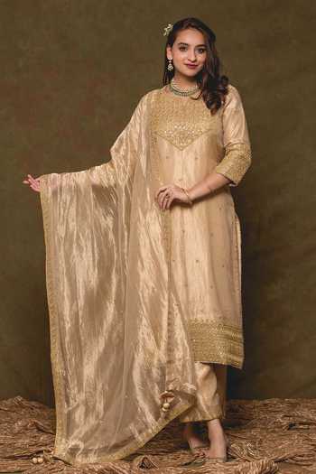 Buy Surbhi shah Gold Pure Tissue Mirror Embroidered Kurta Set Online ...