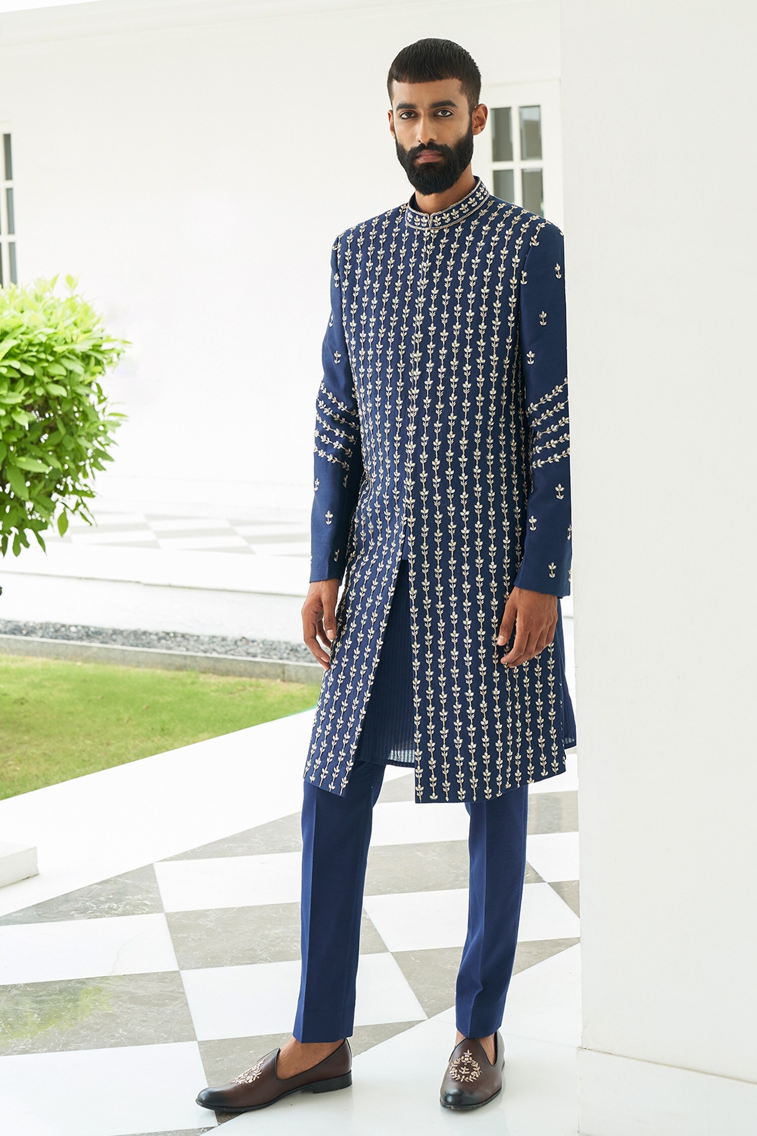 Buy Contrast By Parth Blue Silk Embroidered Sherwani Set Online | Aza ...