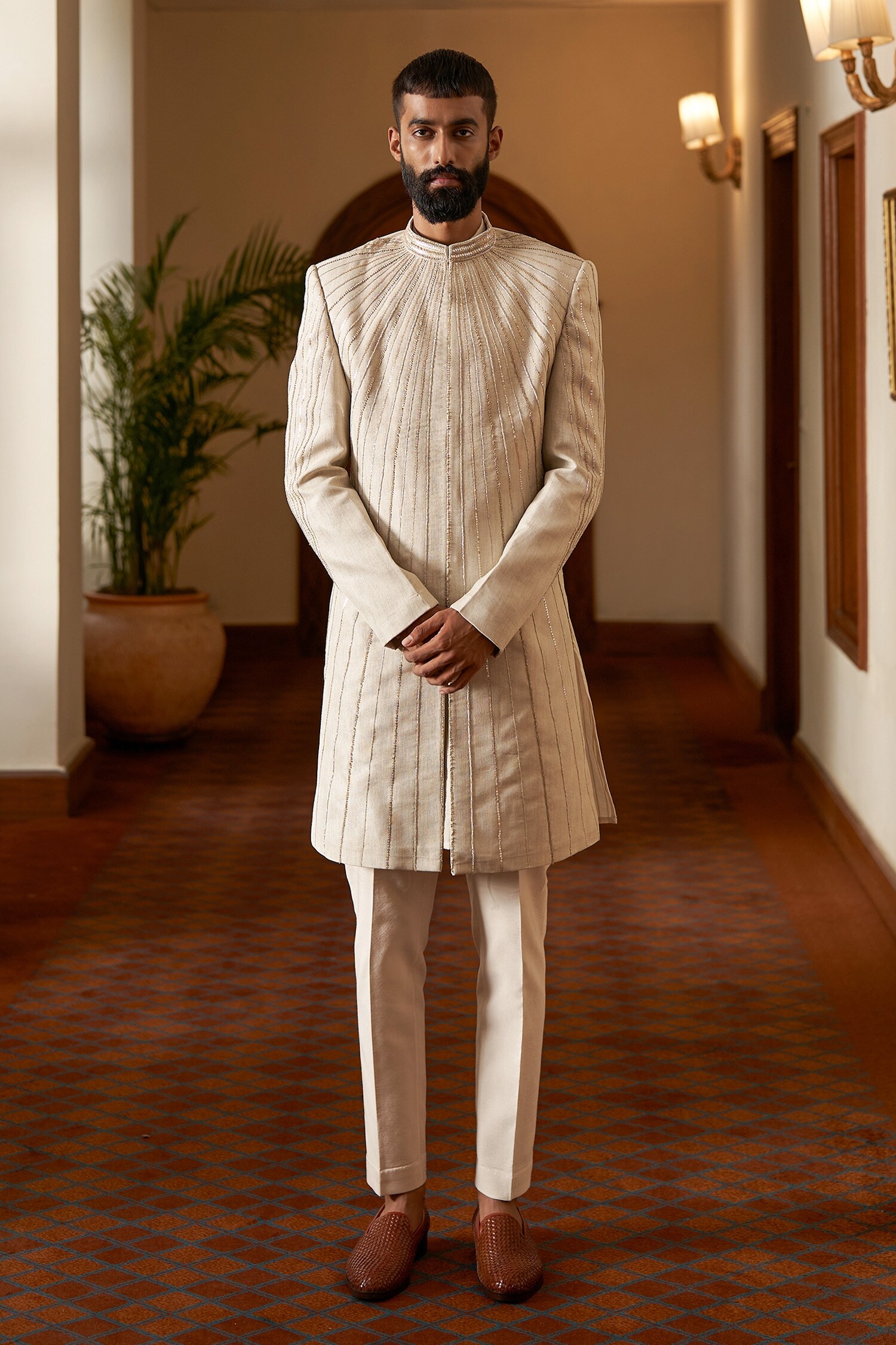 Buy Contrast By Parth Beige Jacquard Embroidered Sherwani Set Online ...