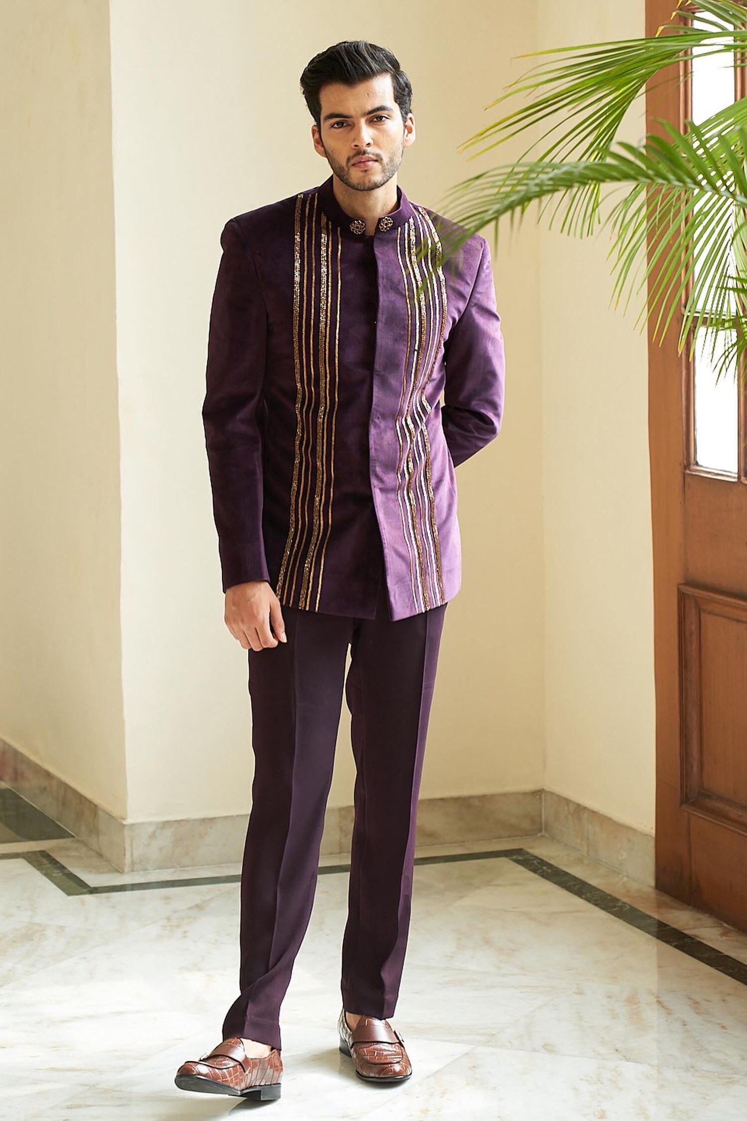 Buy Contrast By Parth Wine Suede Velvet Linear Embellished Bandhgala ...