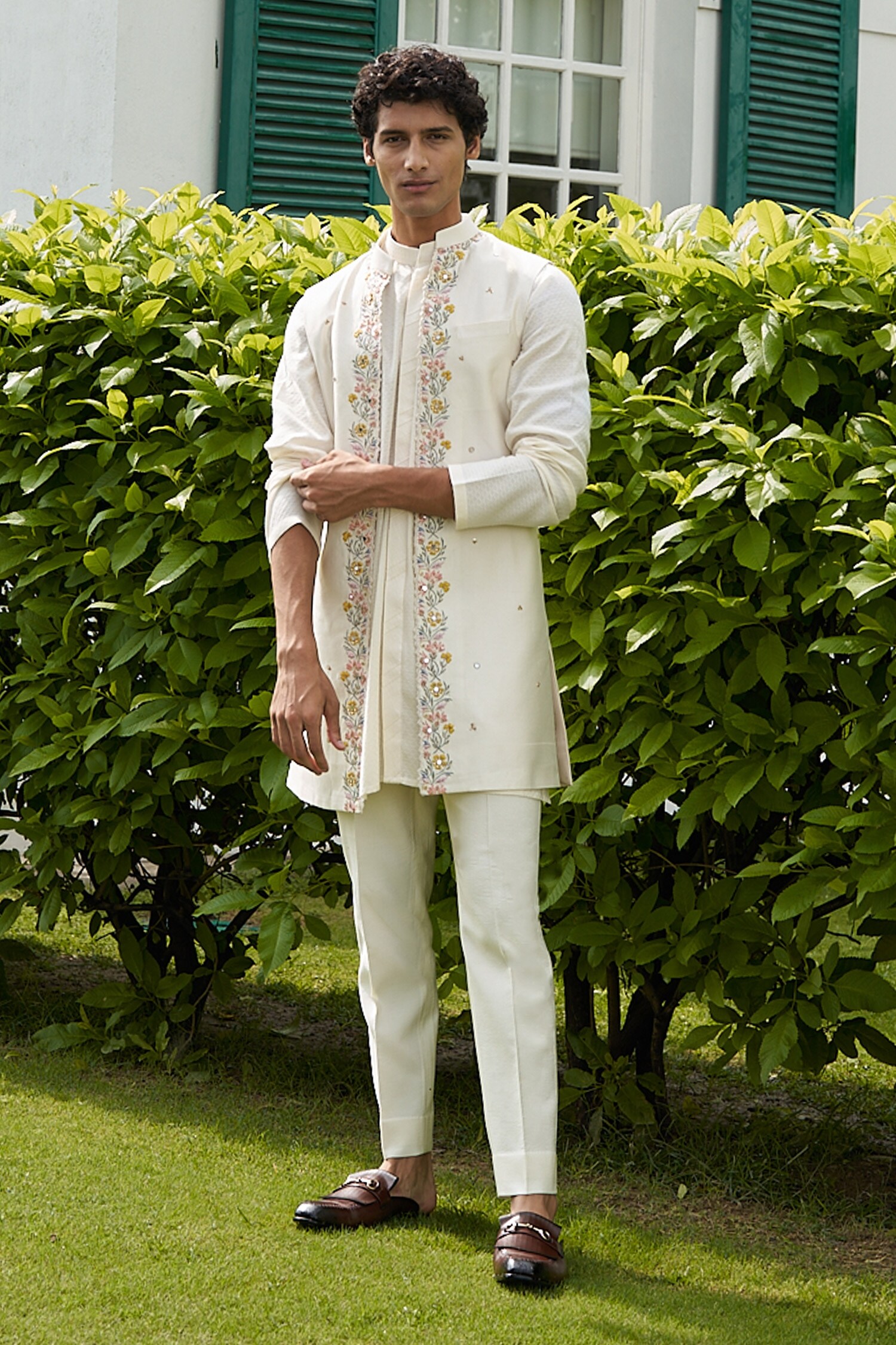Buy Contrast By Parth White Silk Embroidered Jacket And Kurta Set ...