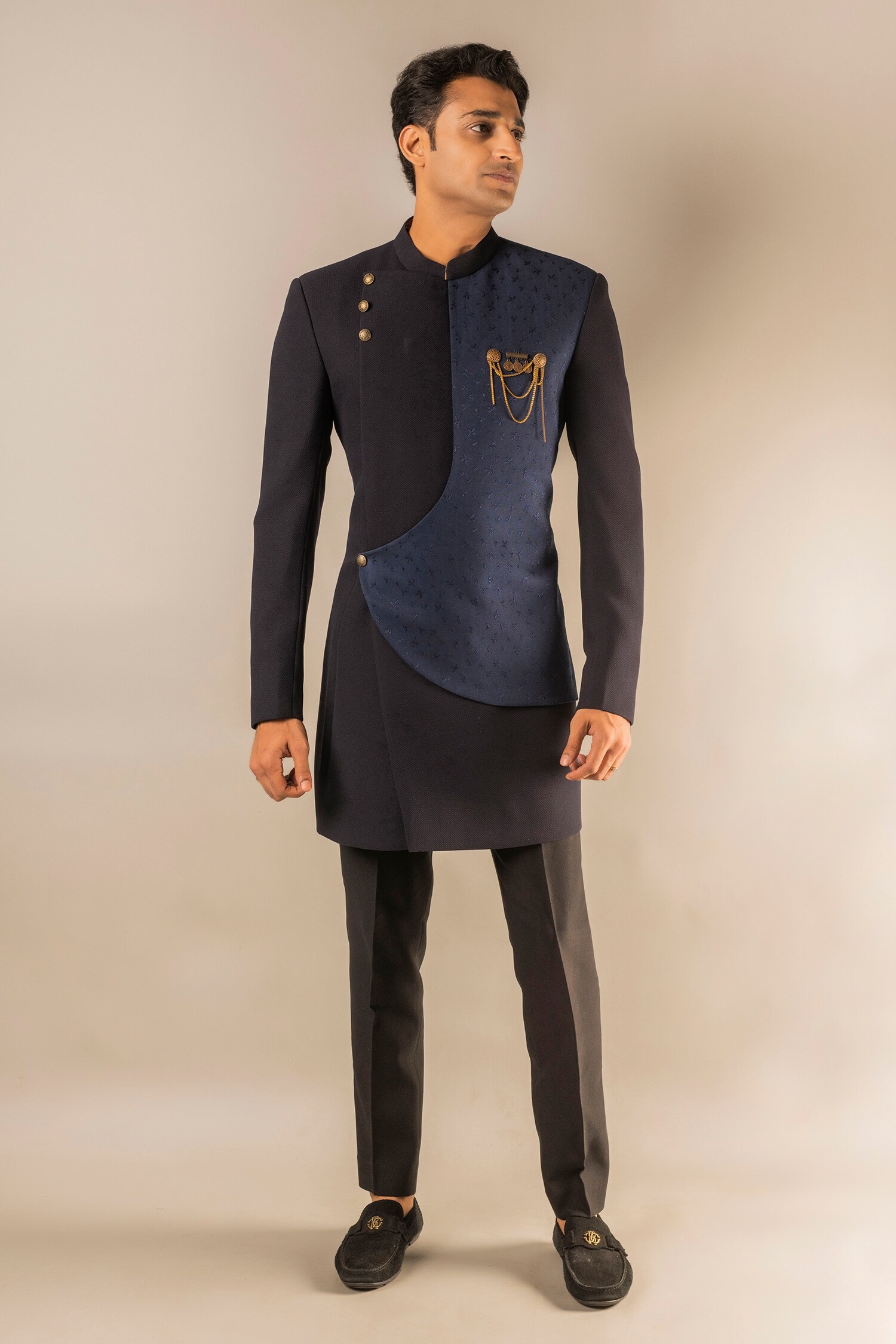 Buy Aashiana Blue Italian Imported Fabric Asymmetric Panel Bandhgala ...