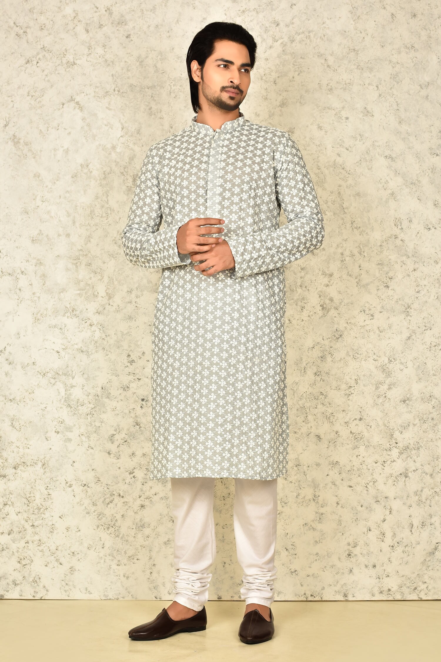 Buy Arihant Rai Sinha Grey Chikankari Embroidered Kurta Online | Aza ...