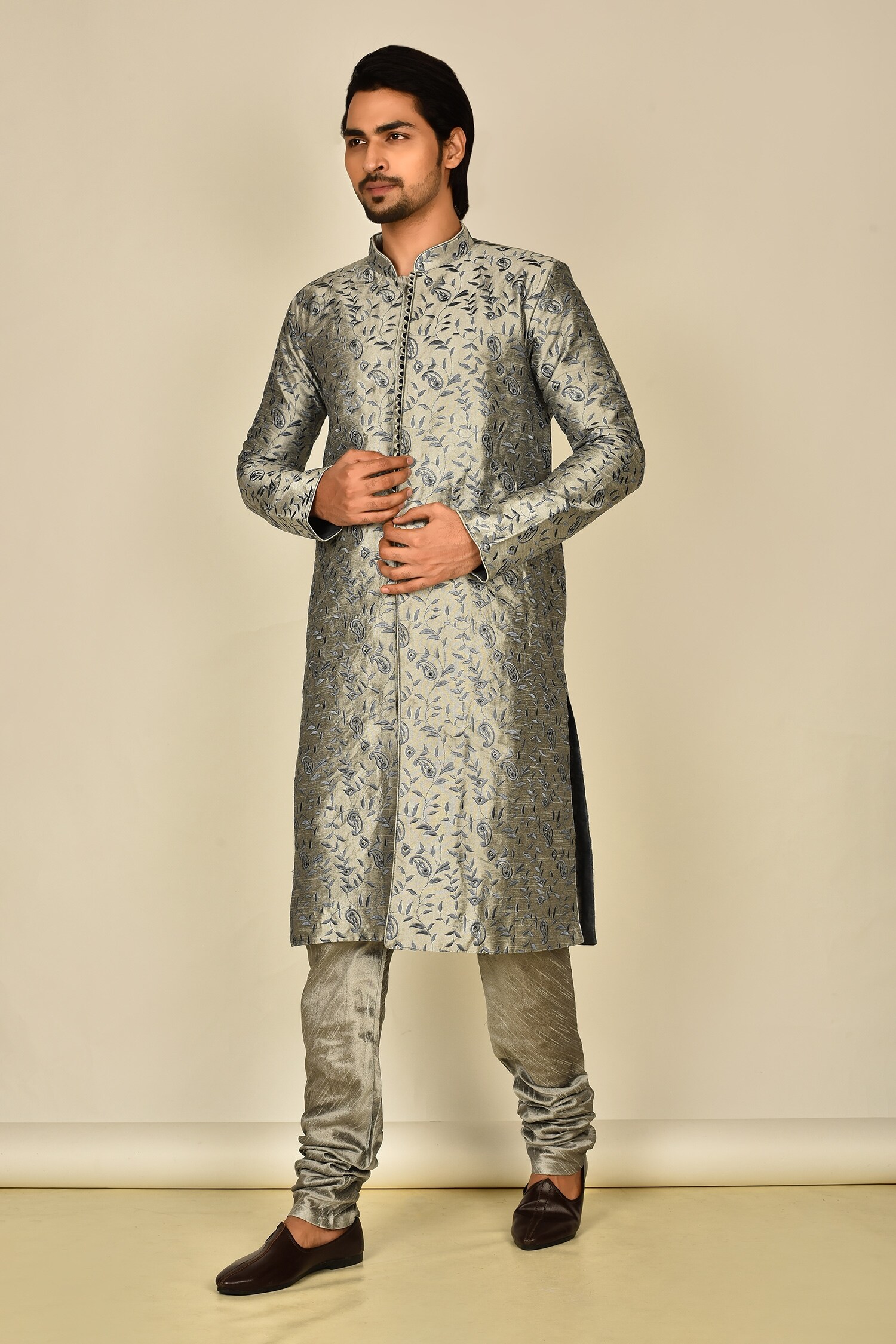 Buy Arihant Rai Sinha Grey Heavy Dupion Art Silk Embroidered Sherwani ...