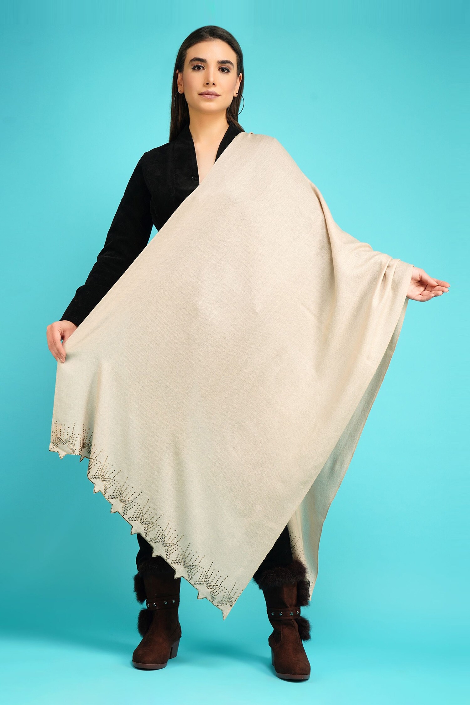 Buy Dusala Shawls Stone Embroidered Border Stole Online | Aza Fashions