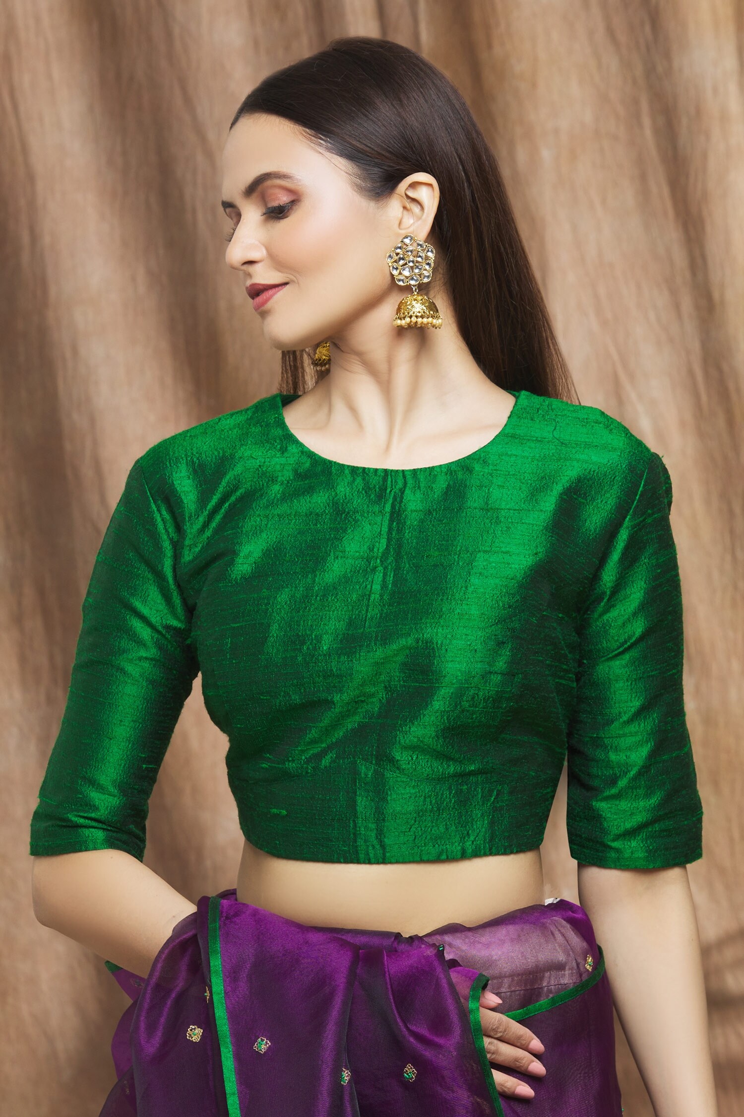 Buy Shimai Jayachandra Green Degummed Raw Silk Round Neck Blouse Online | Aza Fashions