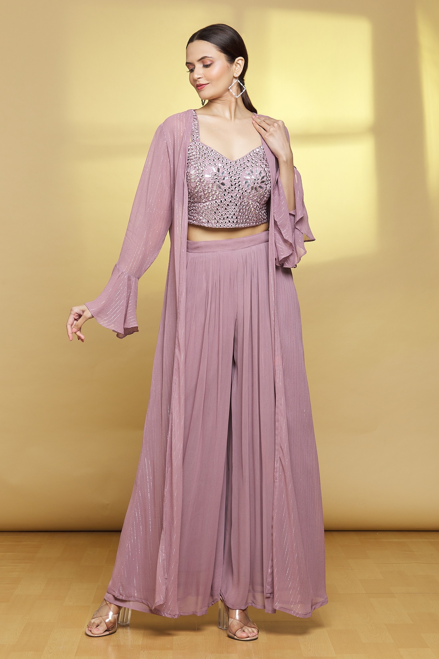 Buy Samyukta Singhania Purple Crop Top Flared Sleeve Jacket And Palazzo