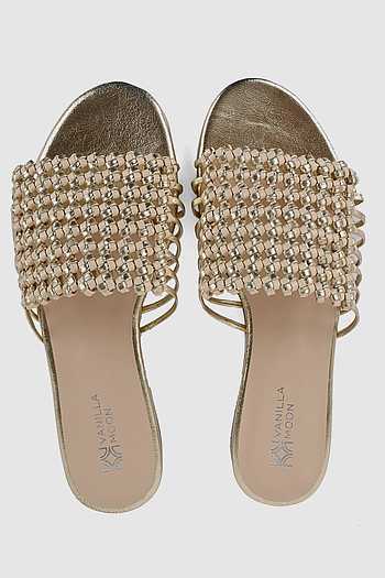Buy Vanilla Moon Gold Leather Anna Woven Open Toe Flats Online | Aza ...