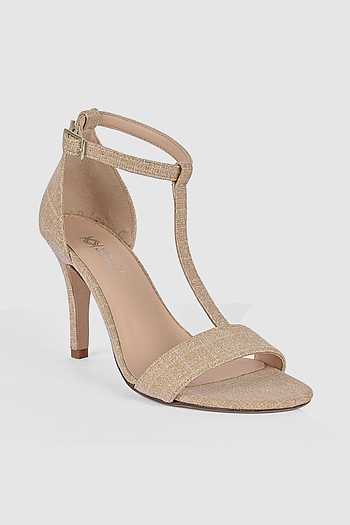Buy Vanilla Moon Gold Textile Venice T-strap Stilettos Online | Aza ...